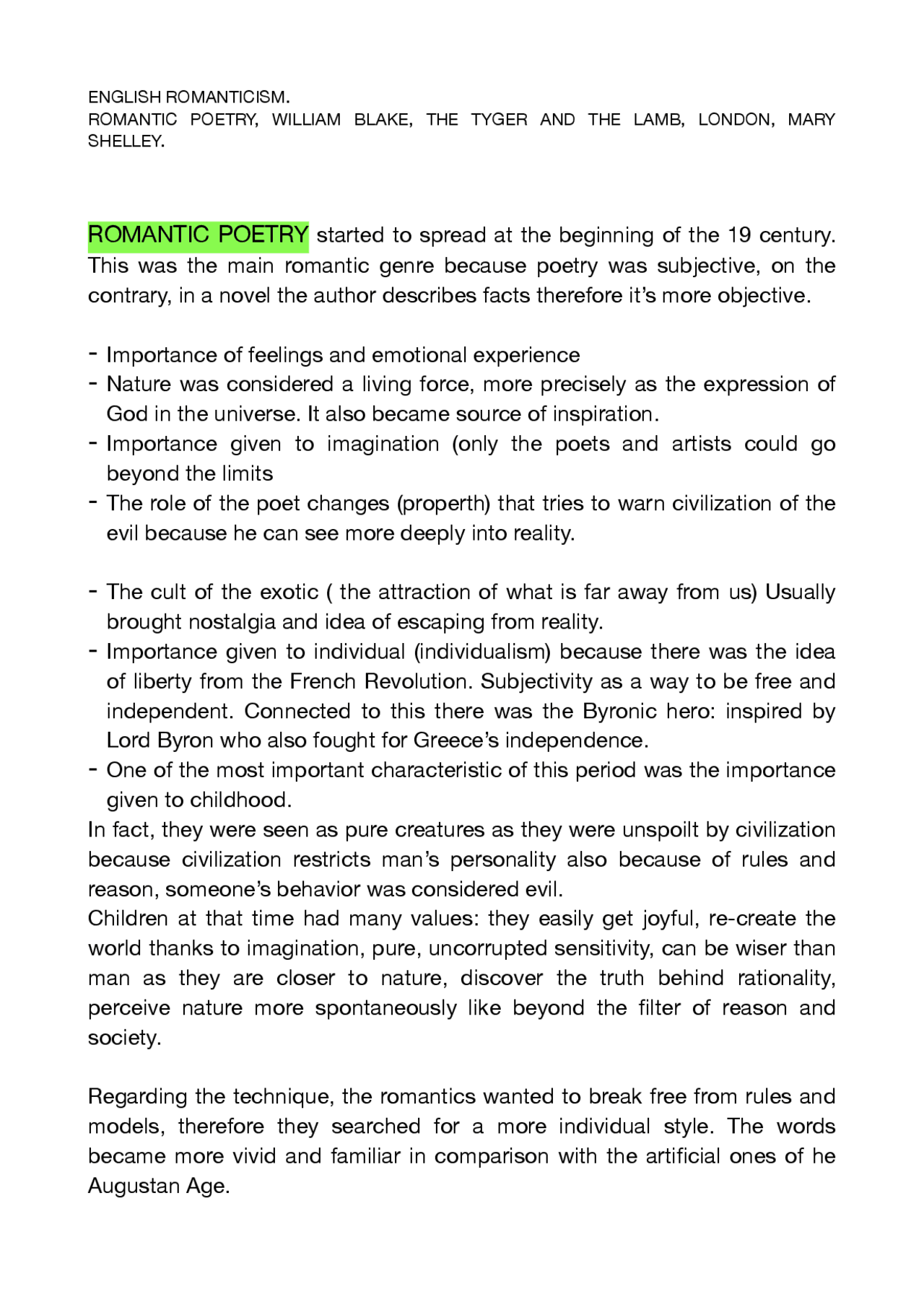 ENGLISH ROMANTICISM. - Docsity