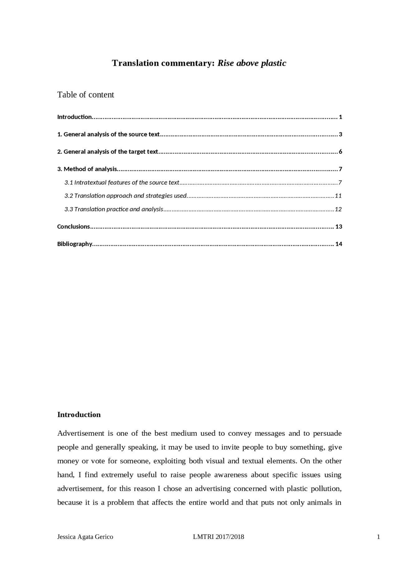 Translation commentary | Esercizi di Lingua Inglese - Docsity