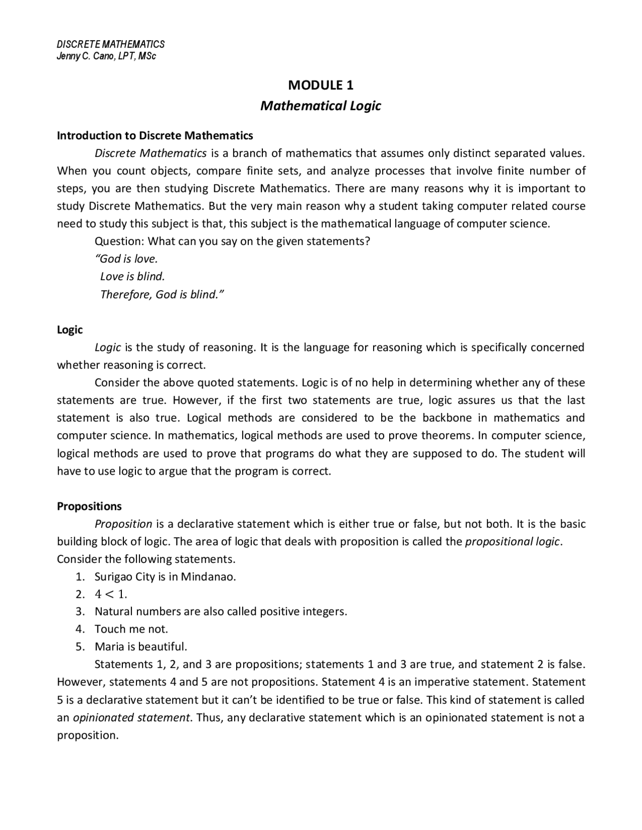 Module 1 Mathematical Logic Introduction To Discrete Math Docsity
