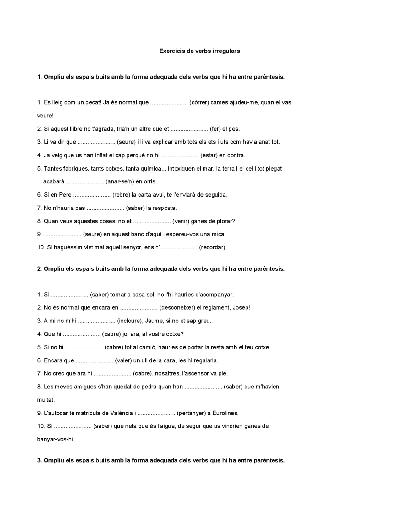 Exercisis Verbs Irregulars Català Ejercicios De Catalán Docsity
