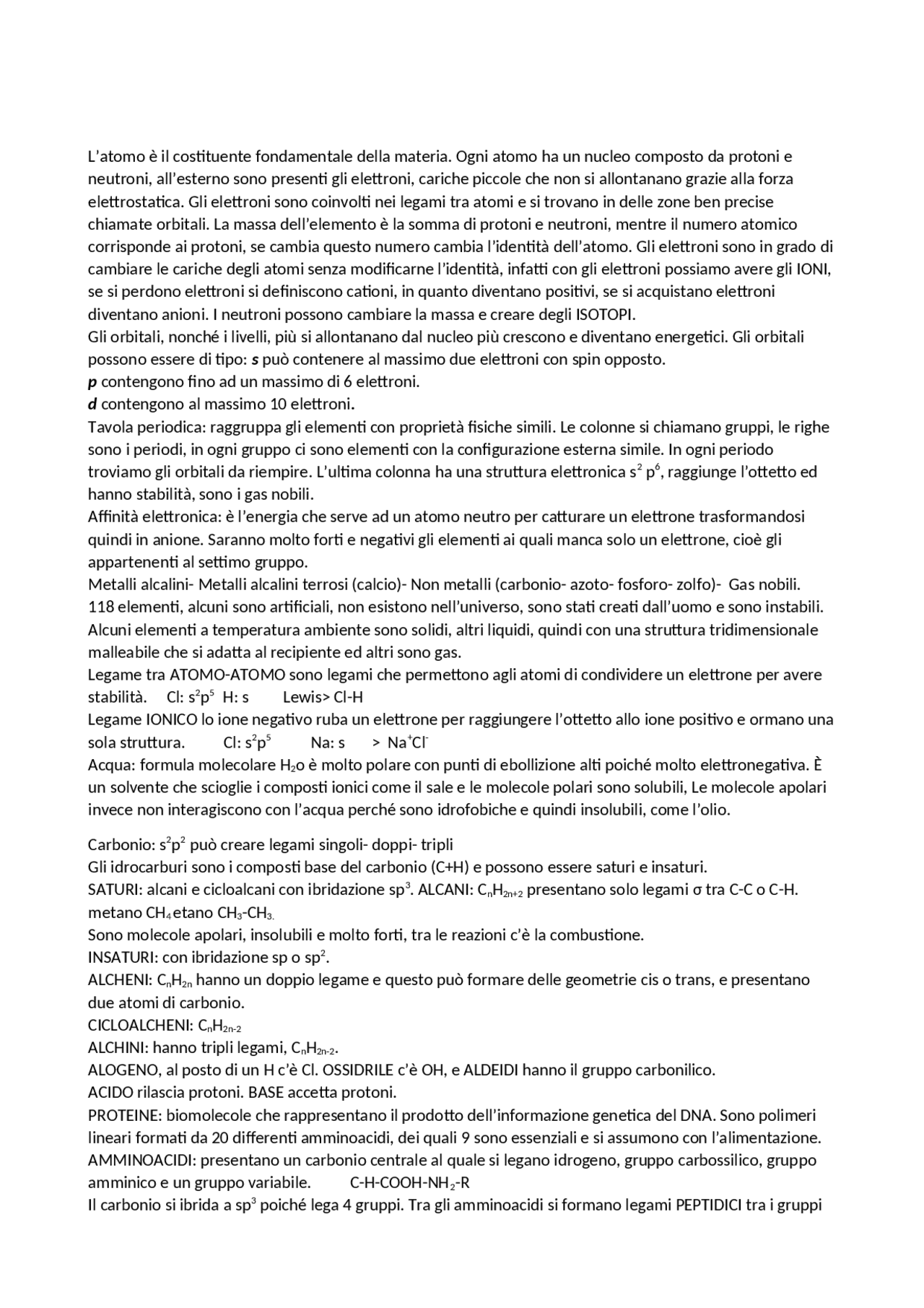 Cenni di chimica e programma completo di biologia - Docsity