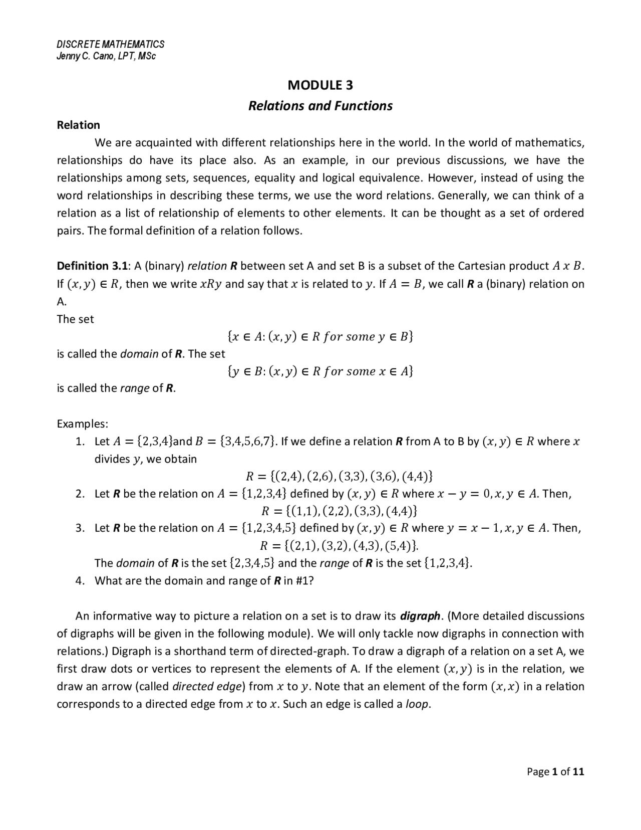 MODULE 3 Relations and Functions Relation We are acquaint - Docsity