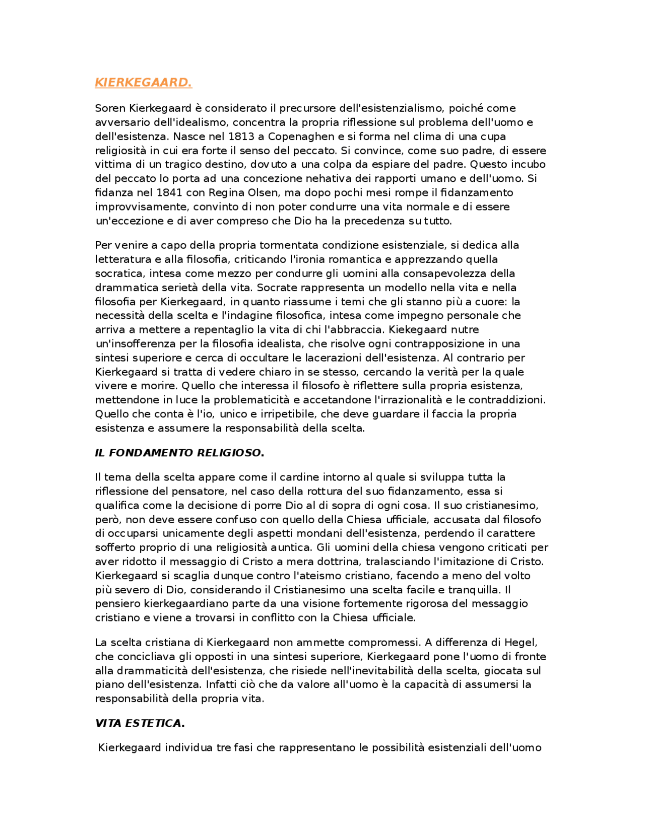 Kirkegaard Sintesi Dei Concetti Chiave Docsity