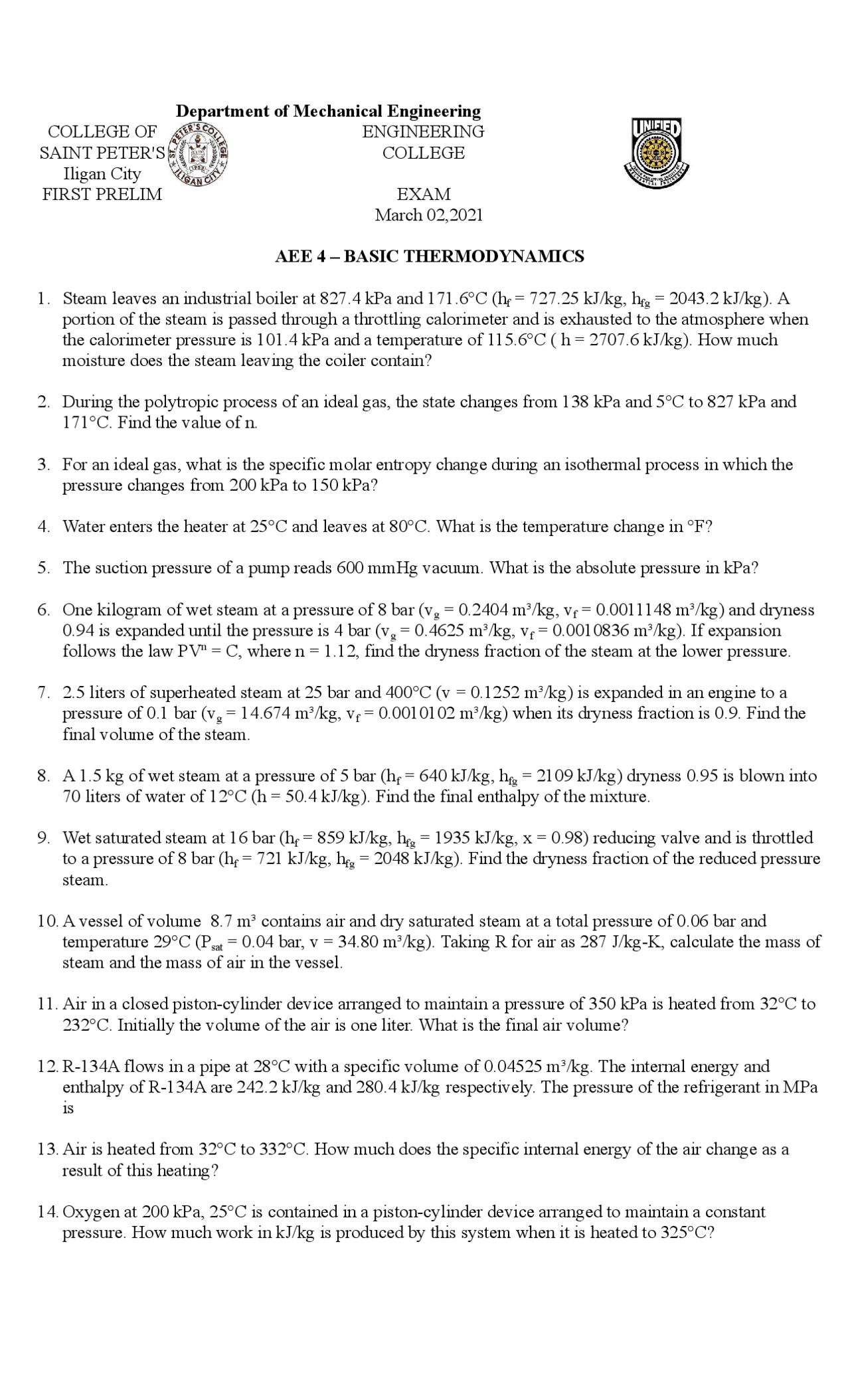 AEE - 4 - Basic Thermodynamics | Exams Thermodynamics | Docsity