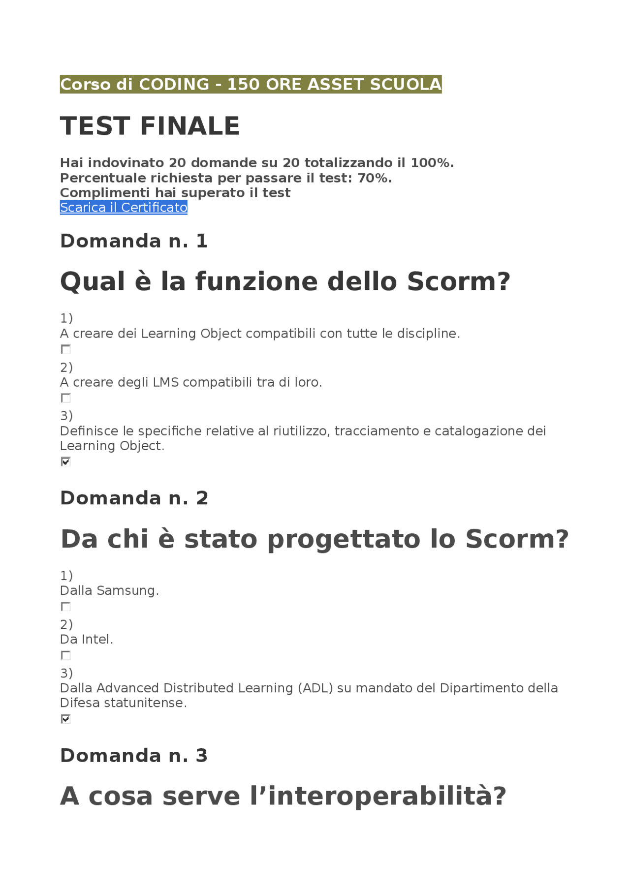 Test Finale Corso Di Coding 150 Ore Asset Scuola Docsity