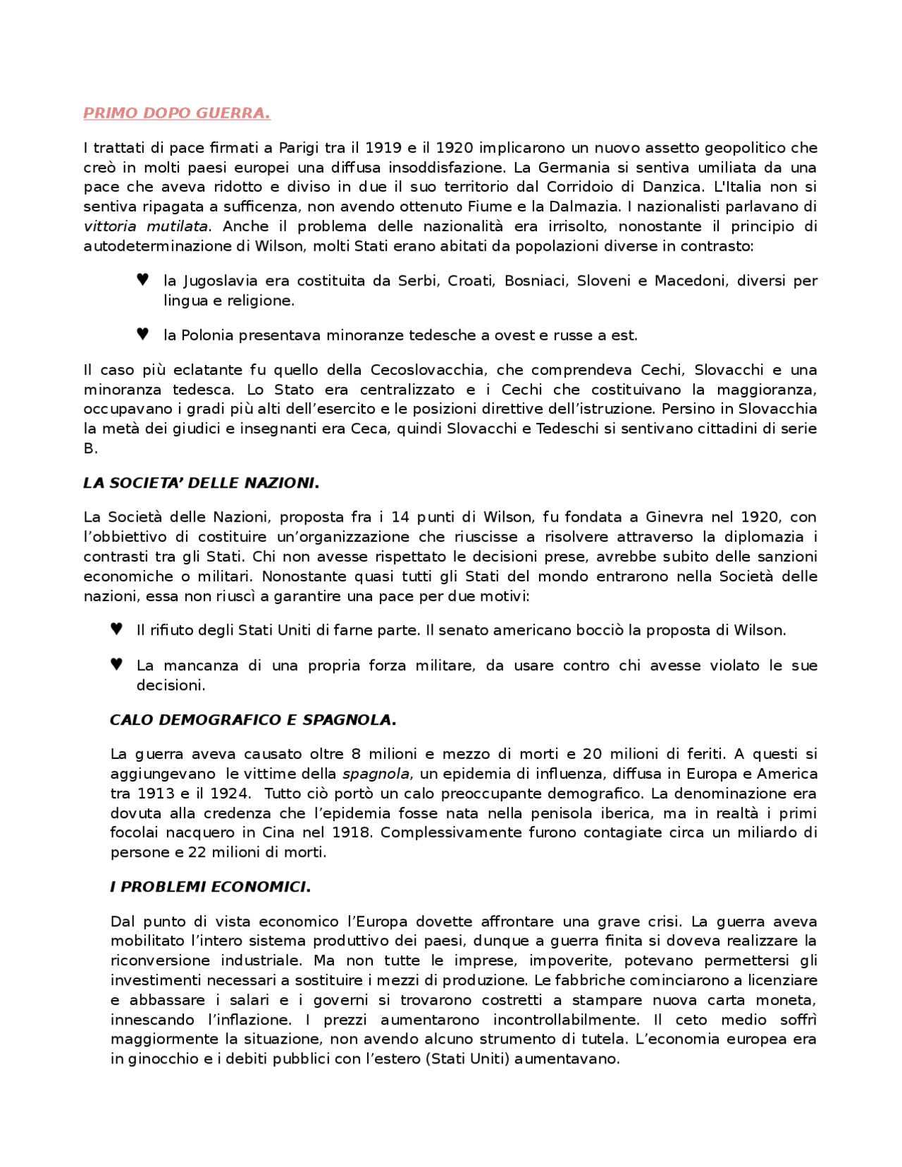 Riassunto Sul Primo Dopo Guerra Docsity