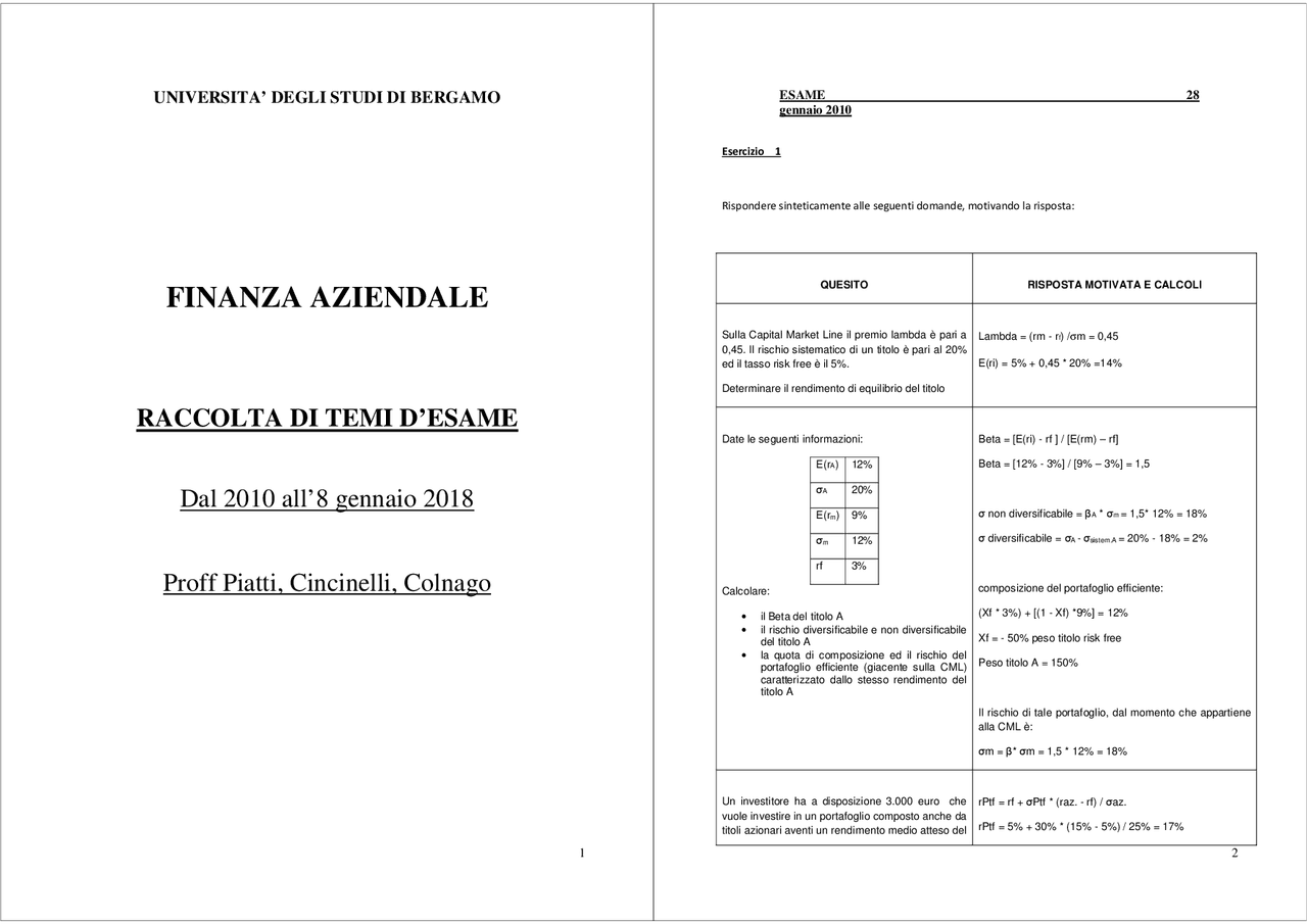 Finanza Aziendale Prove Desame Docsity