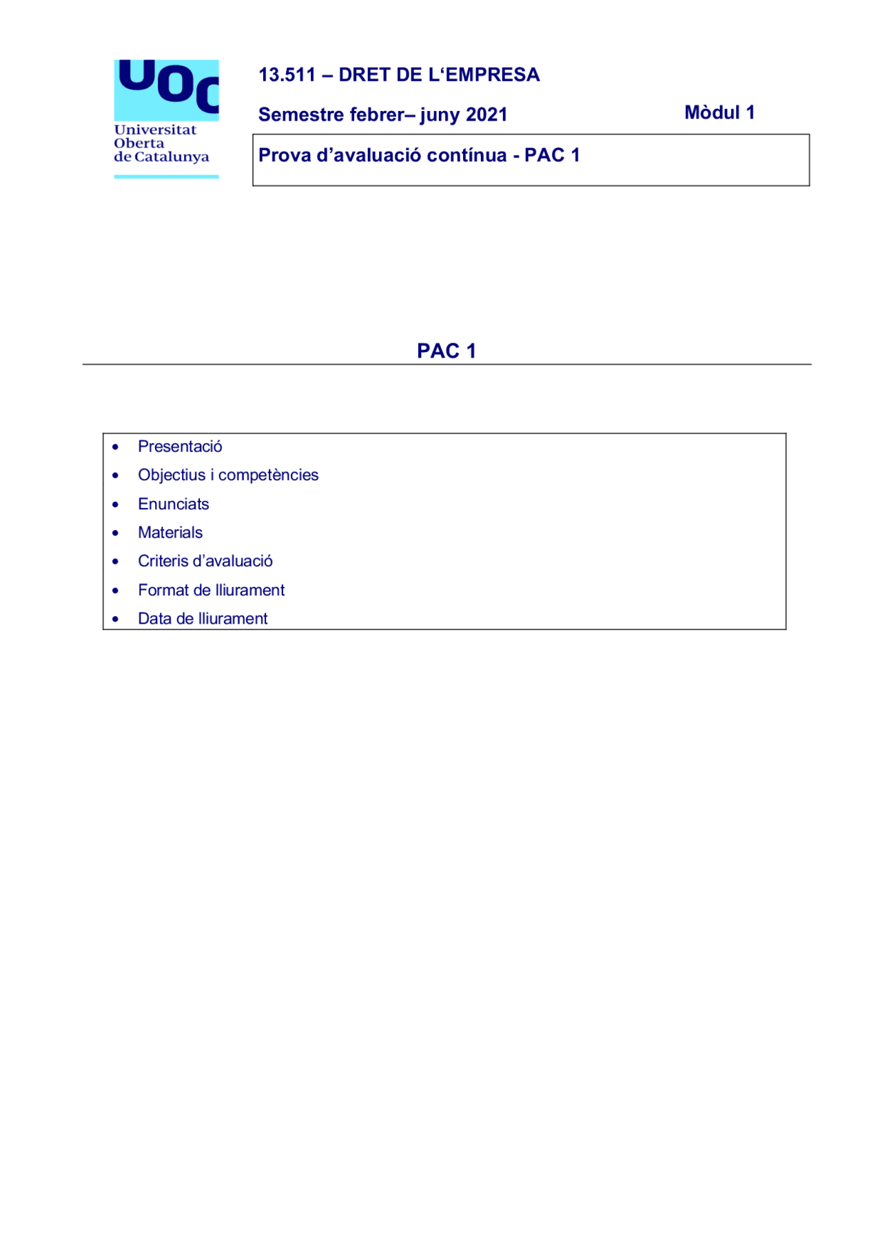 Enunciado Pac 1 Derecho De La Empresa Cat Docsity