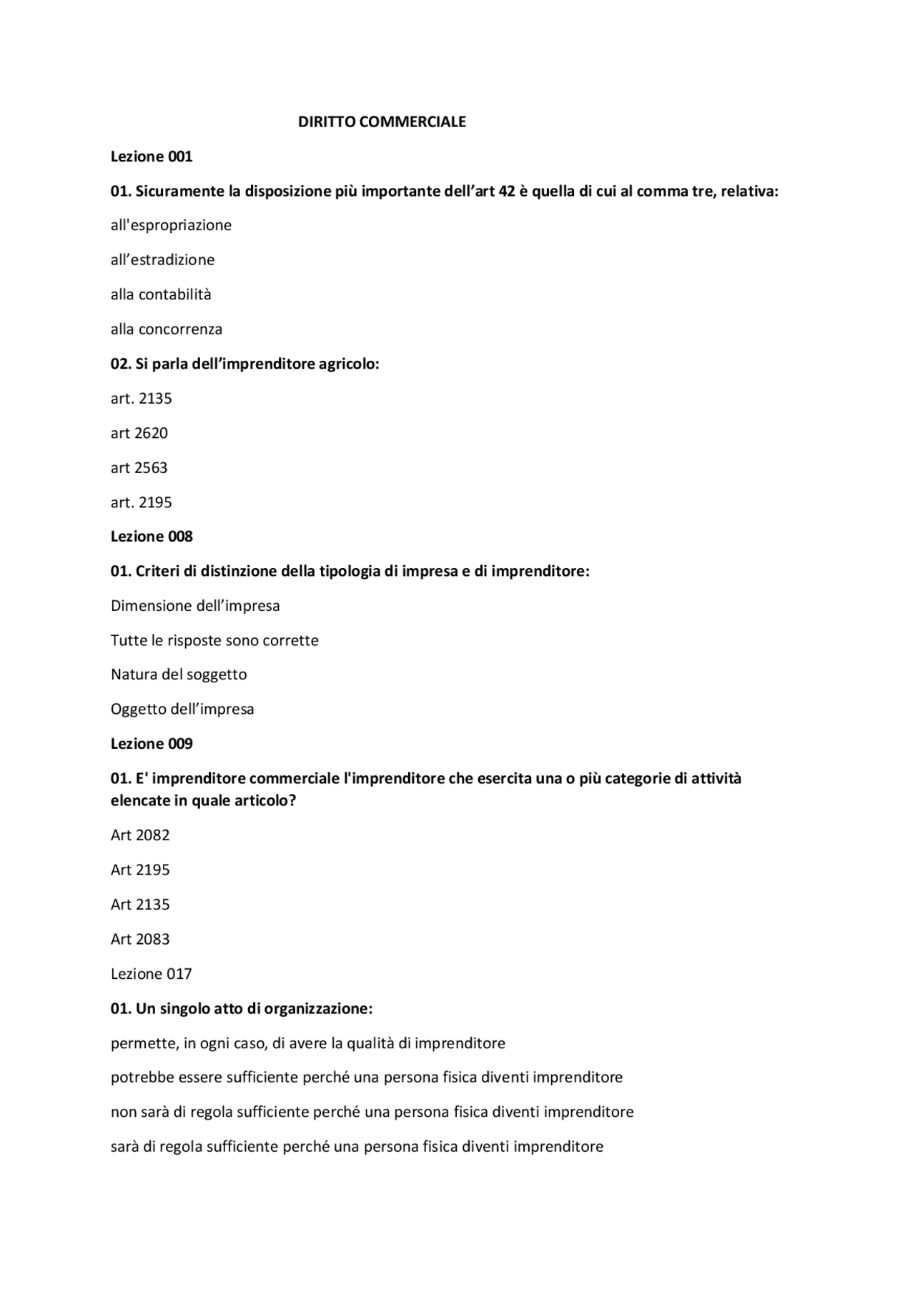 DIRITTO COMMERCIALE paniere risposte multiple - Docsity
