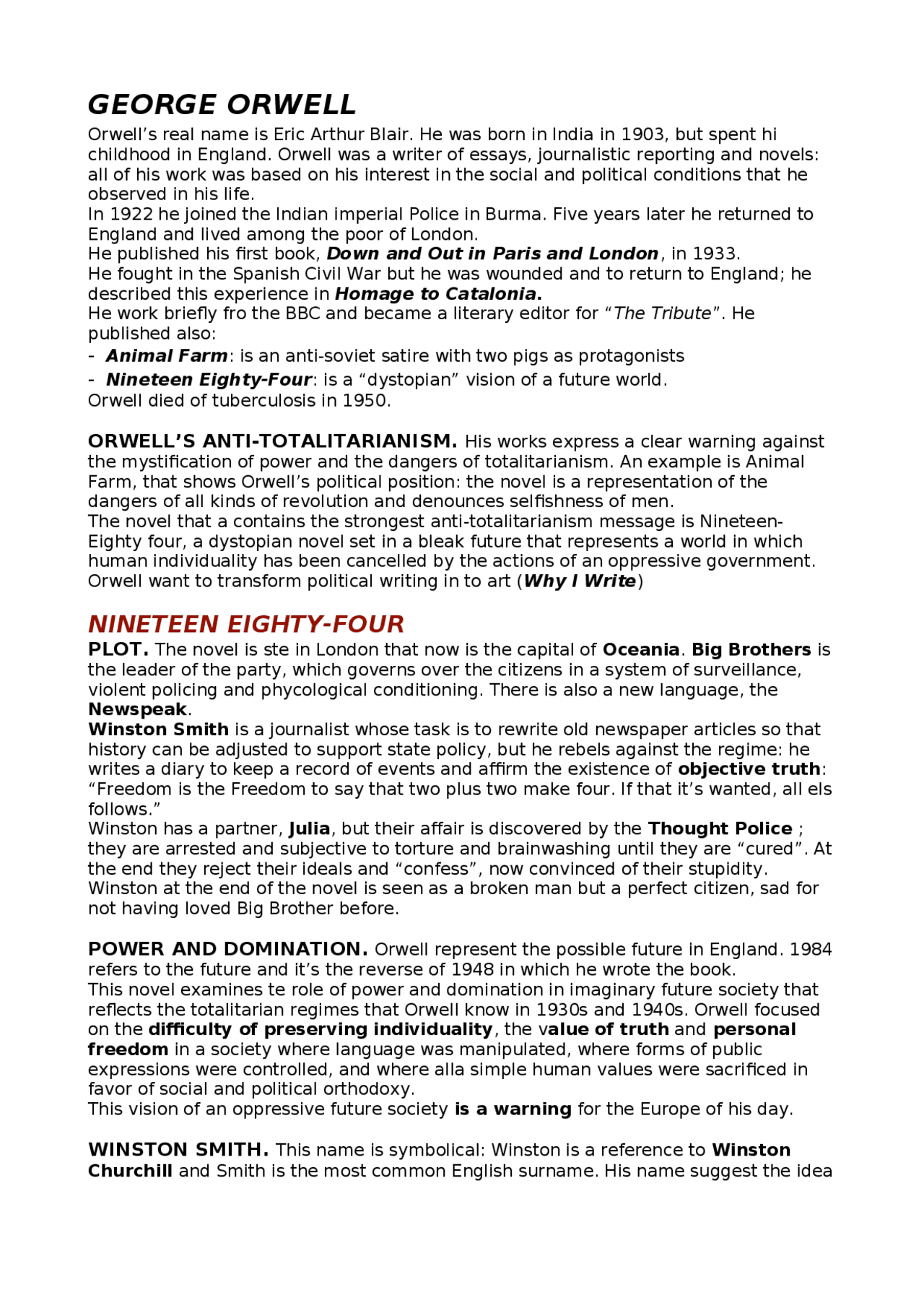 George Orwell and Nineteen Eighty -Four - Docsity