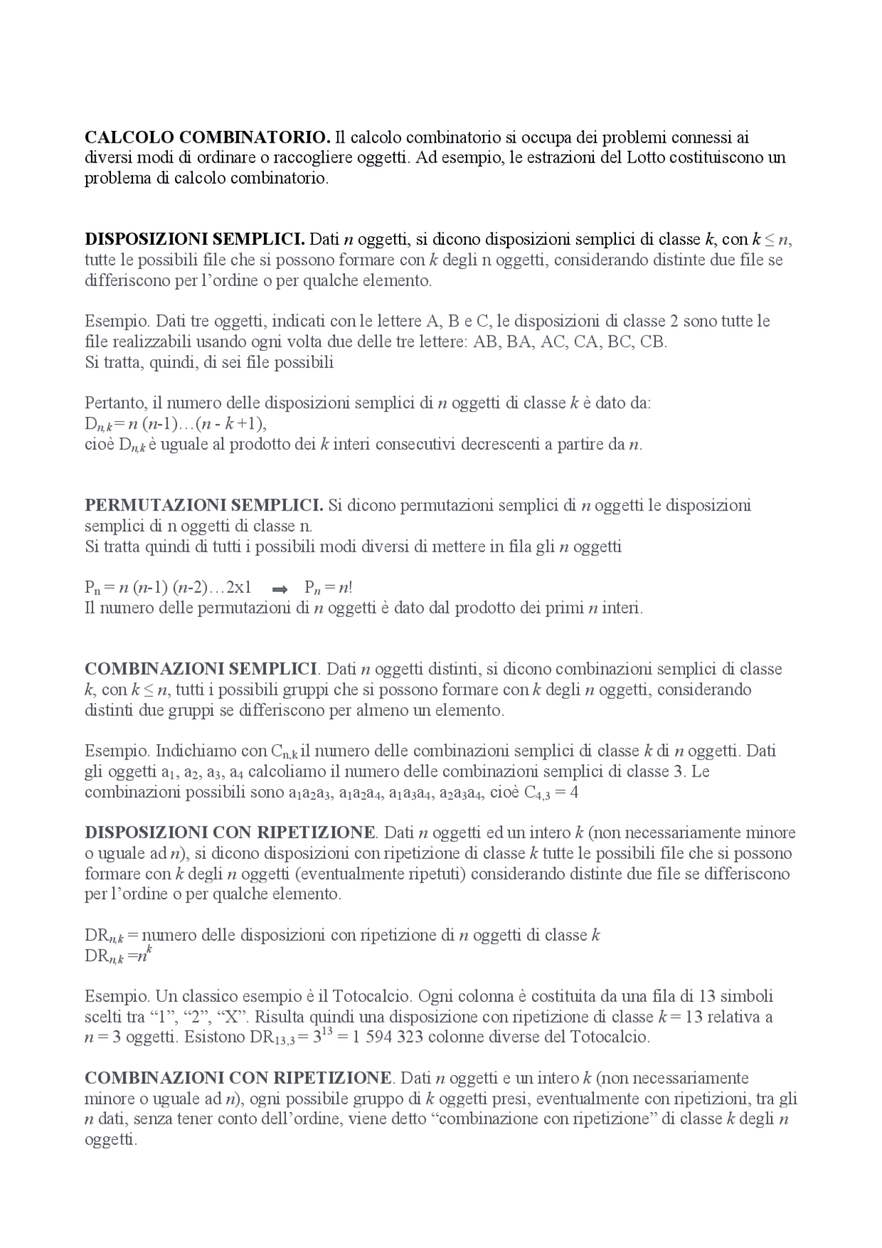 Calcolo Combinatorio Teoria Ed Esempi Docsity