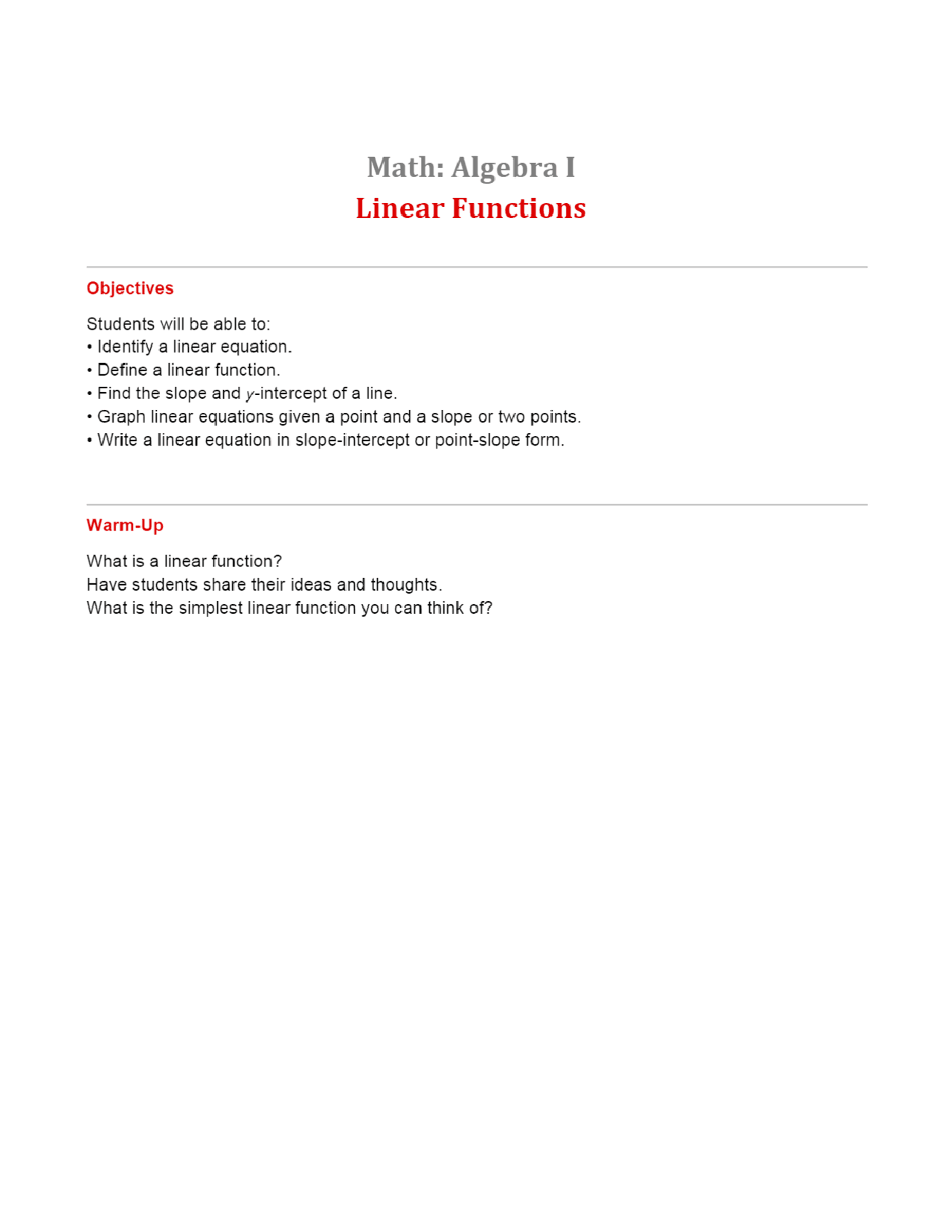 Linear Function Algebra 1 Docsity