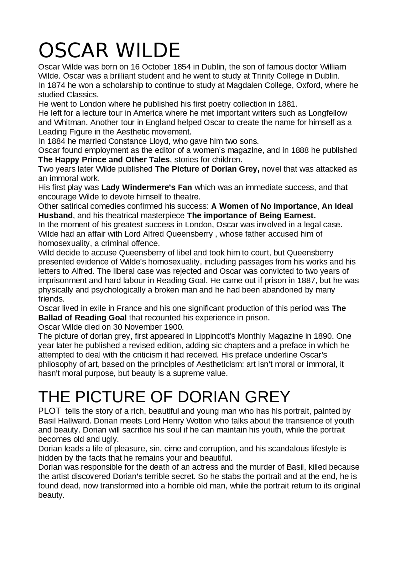 Oscar Wilde And The Picture Of Dorian Grey Docsity