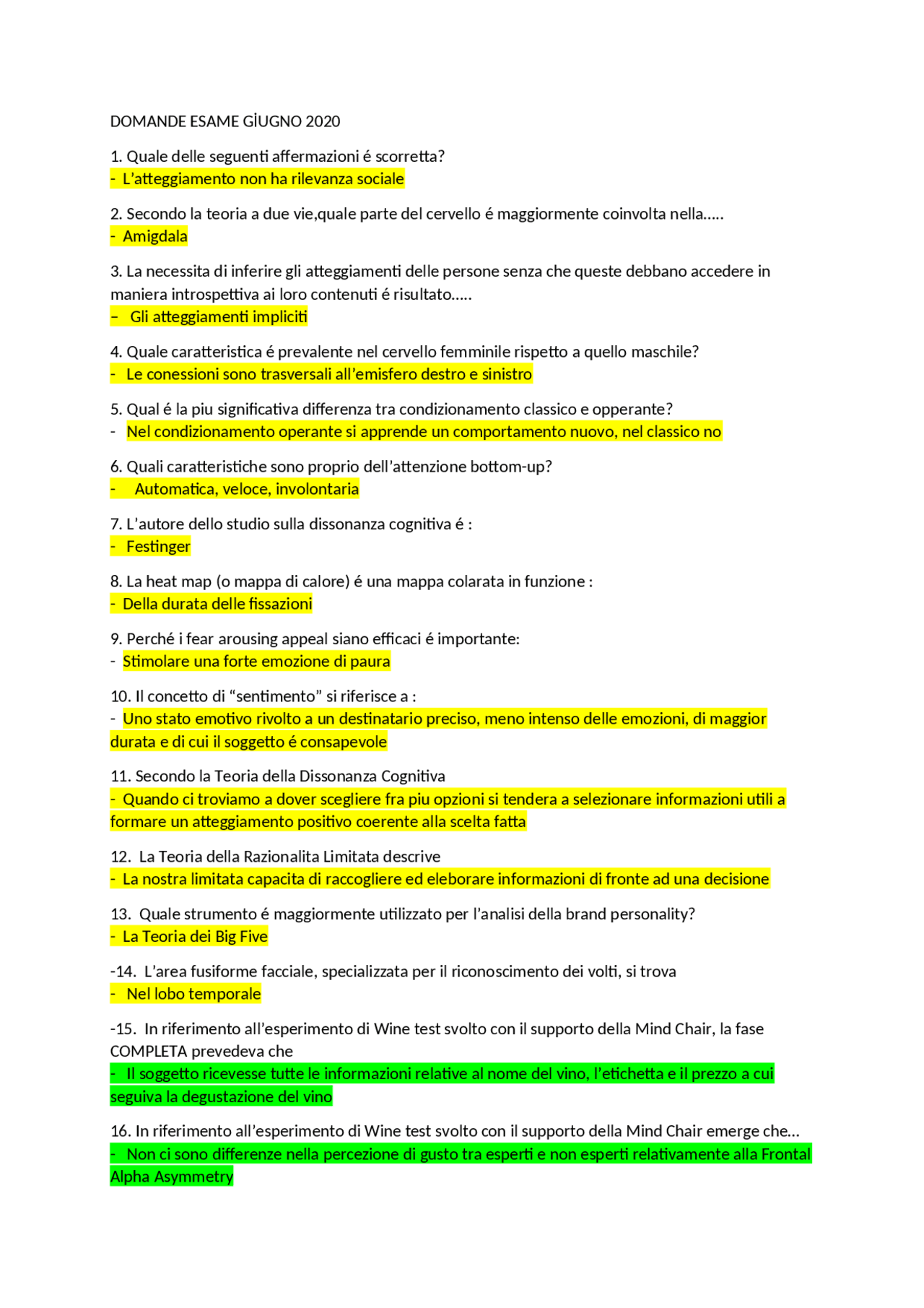Domande Neuromarketing E Psicologia Della Comunicazione Iulm Docsity