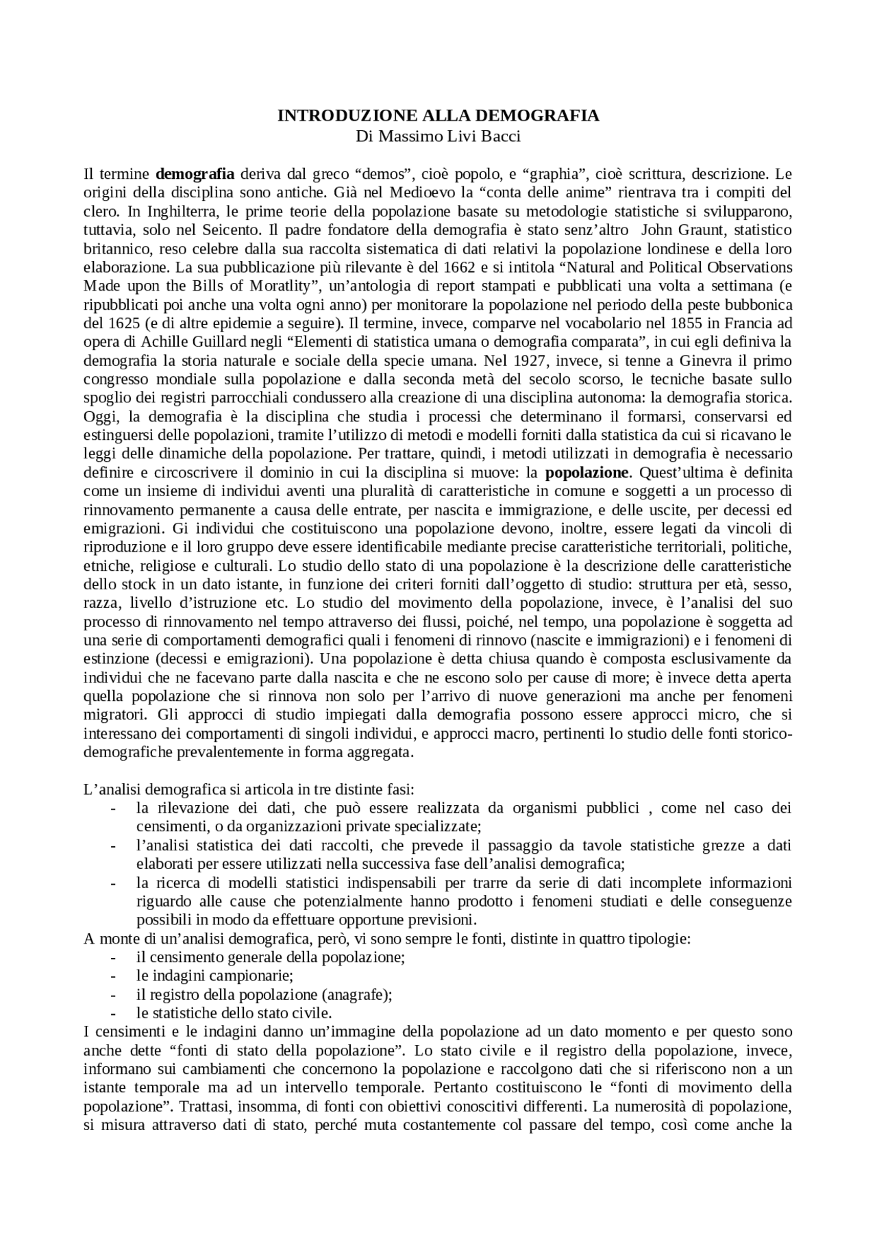 Introduzione alla demografia di M. Livi Bacci - Docsity