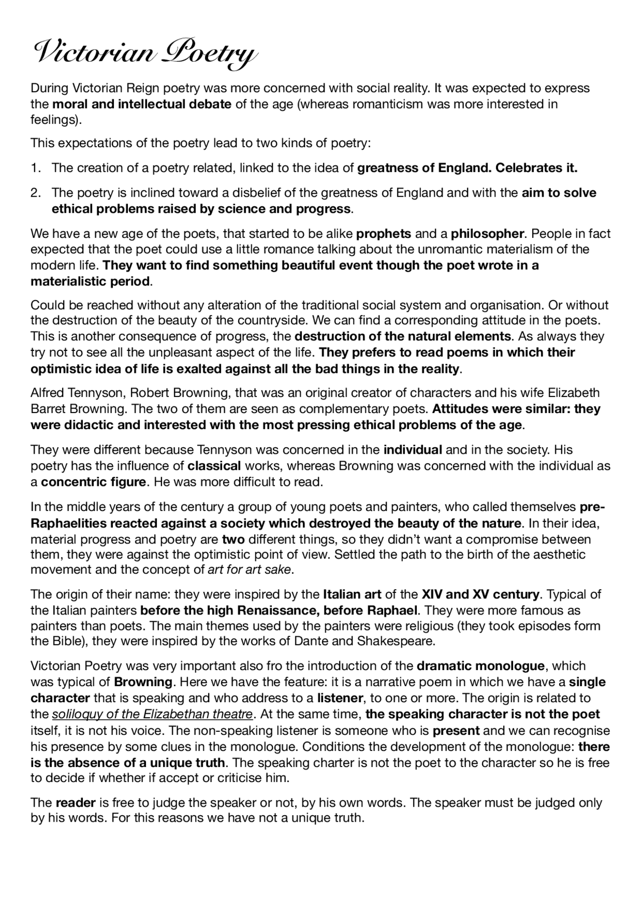 Victorian poetry and the exponents | Appunti di Inglese | Docsity