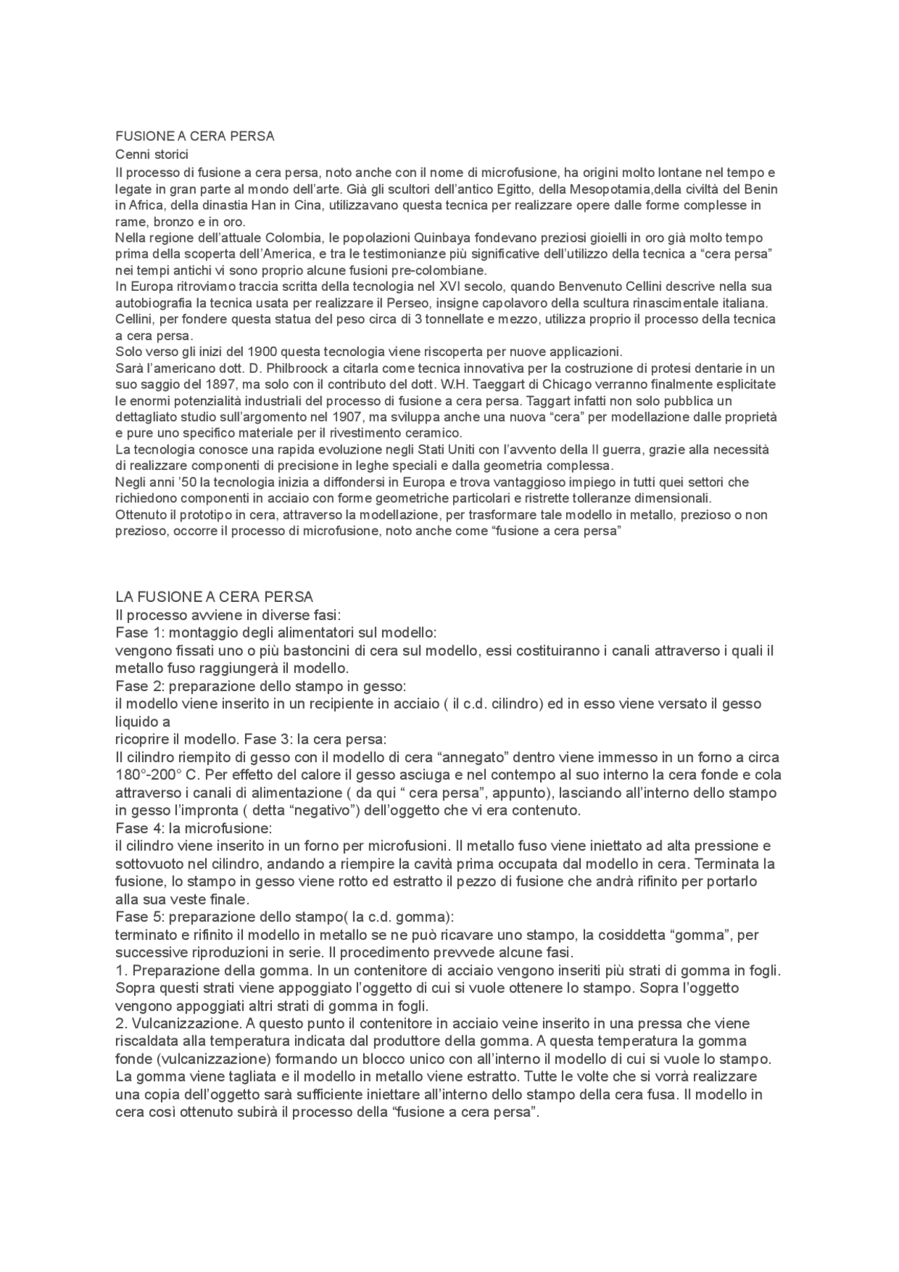 Fusione A Cera Persa Docsity