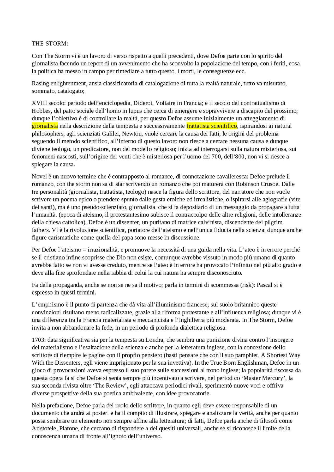THE STORM DANIEL DEFOE | Appunti di Letteratura Inglese | Docsity