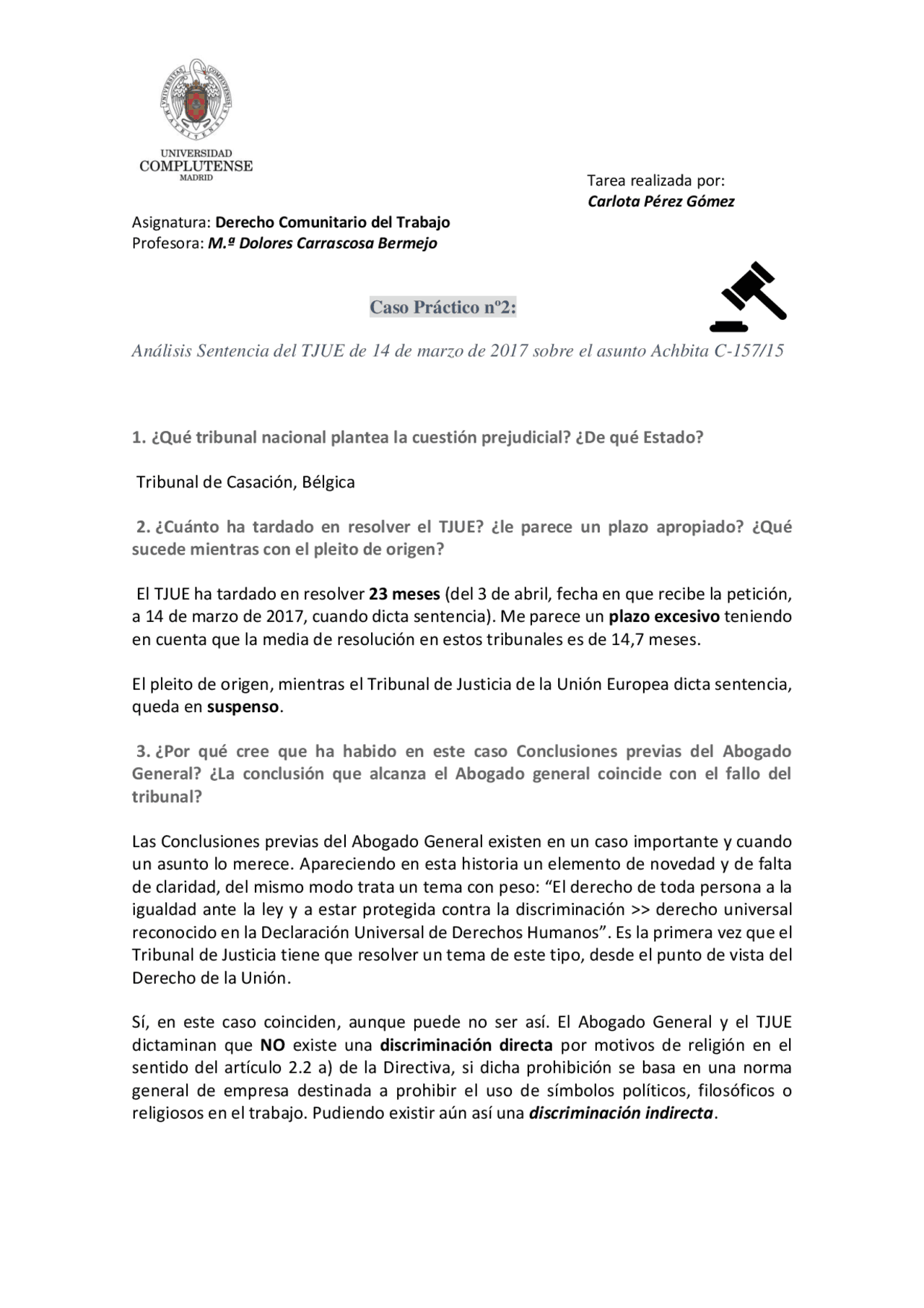 Práctica. Derecho Comunitario del Trabajo - Docsity