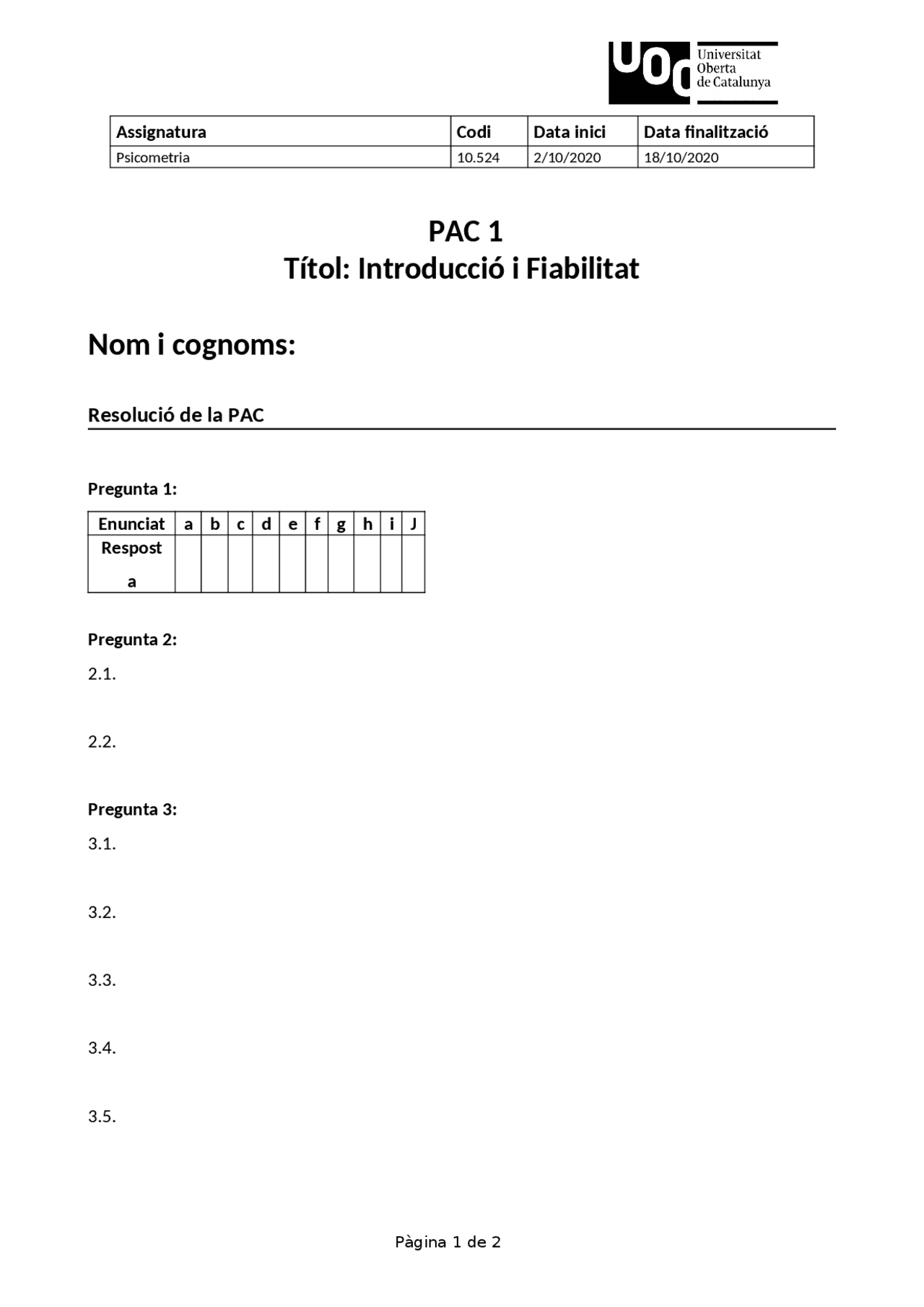 Pac 1 Psicometria Uoc Ejercicios De Psicometría Docsity