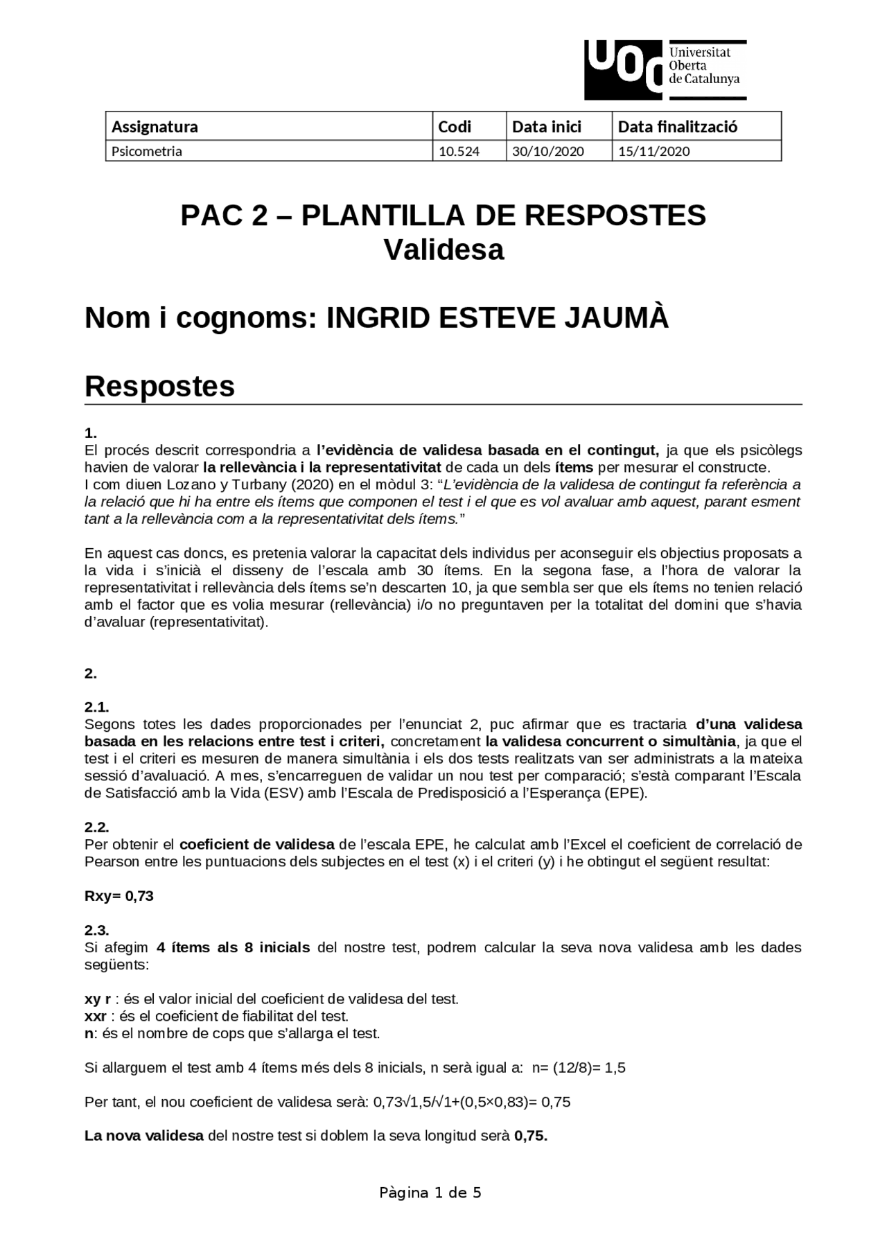 Pac 2 Psicometria Uoc Curs 2021 Docsity