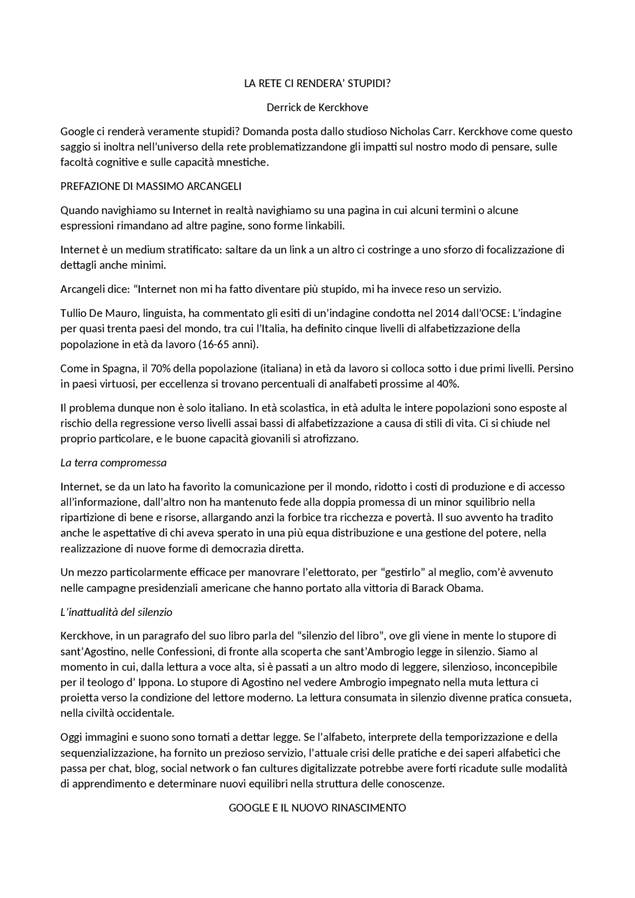 La Rete Ci Renderà Stupidi Derrick De Kerkhove Docsity