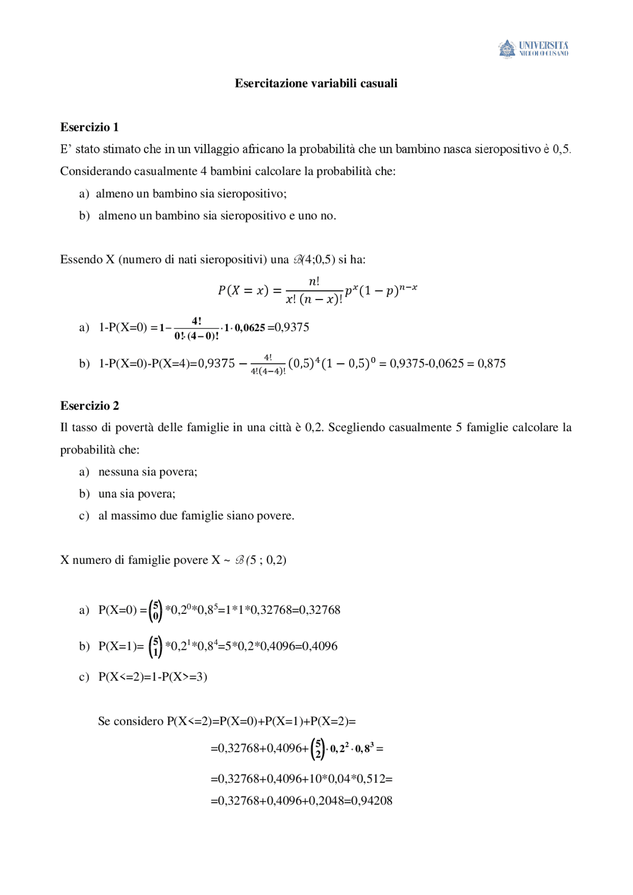Statistica Le Variabili Casuali Note Docsity