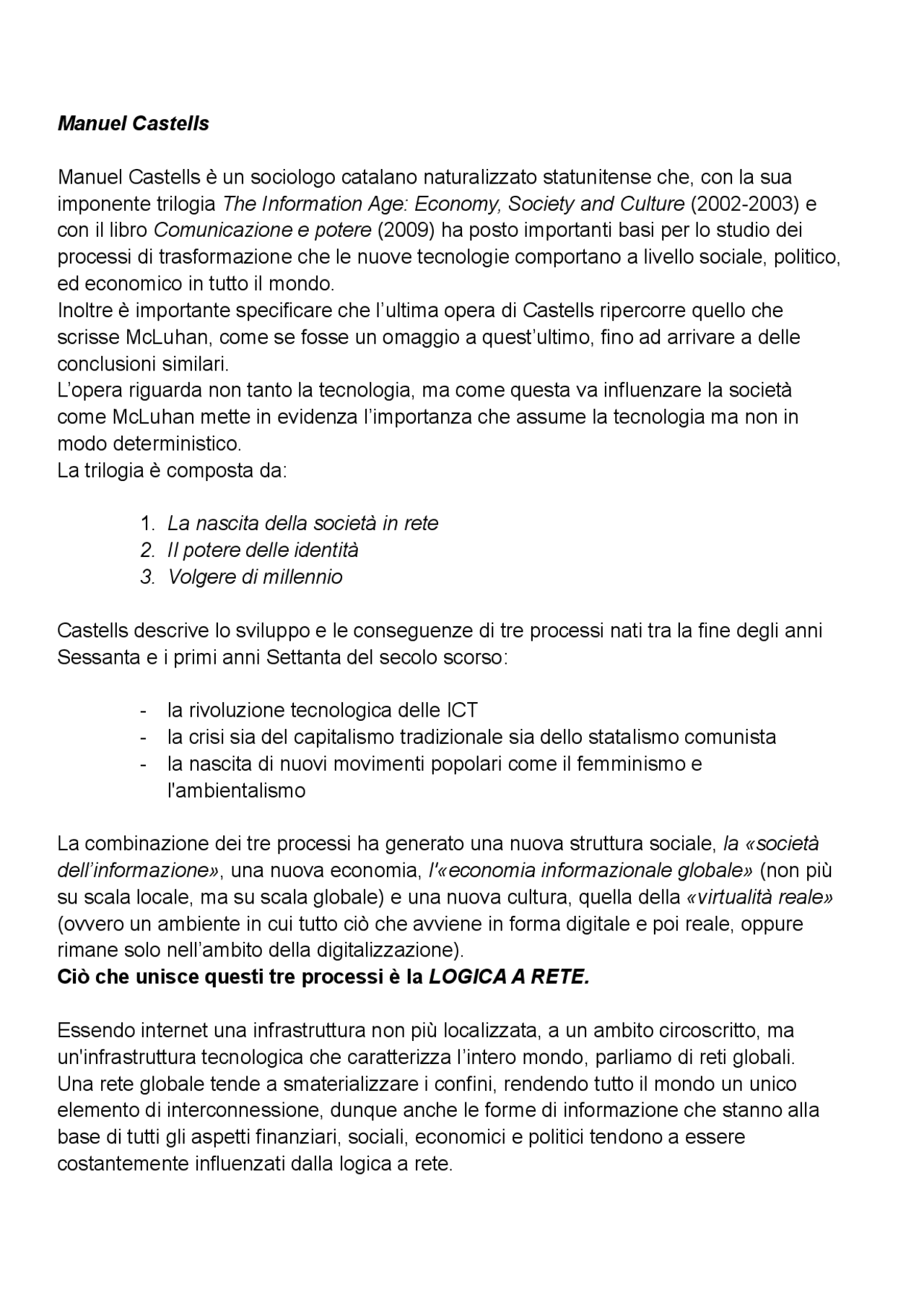 Manuel Castells Sintesi Docsity