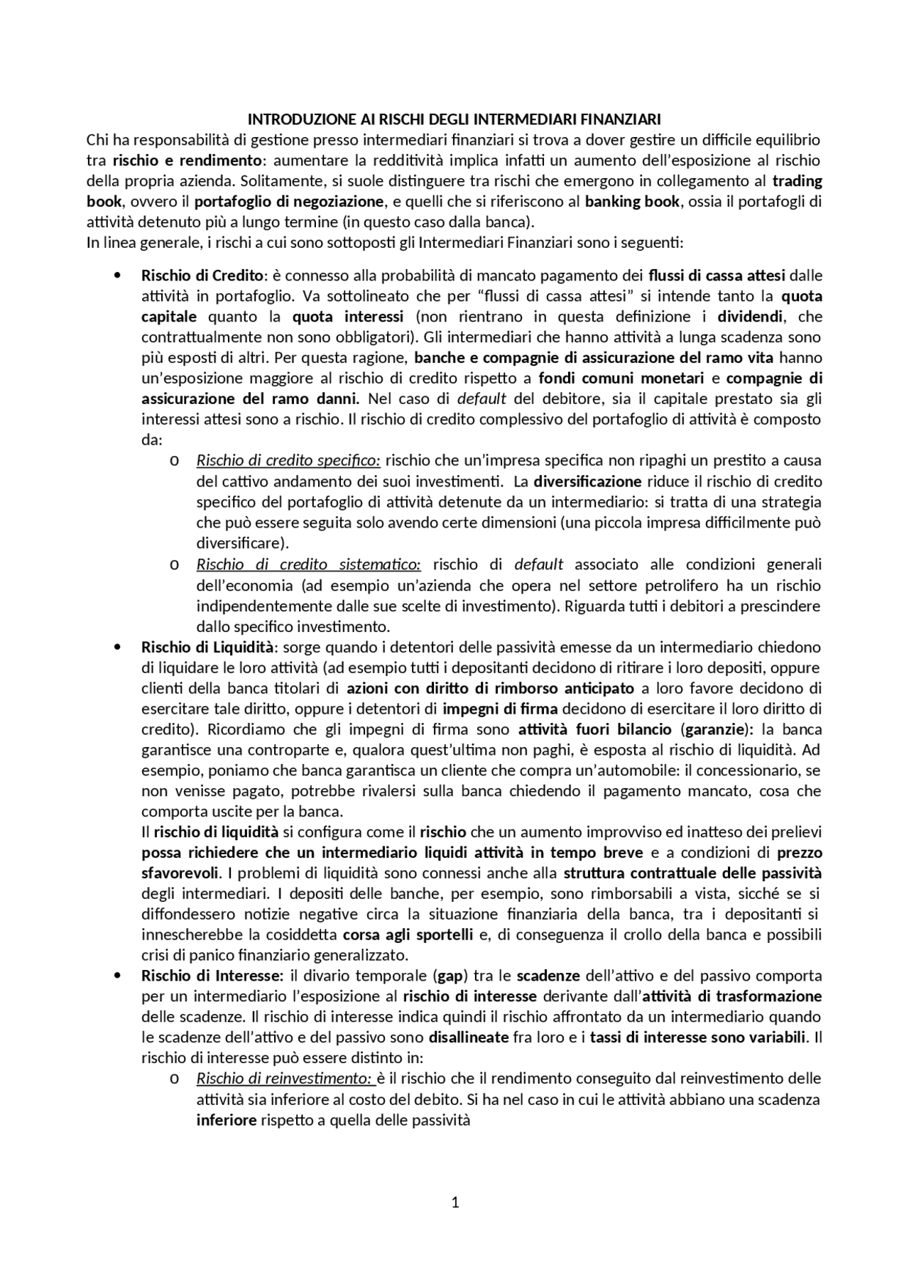 Introduzione ai rischi degli intermediari finanziari - Docsity