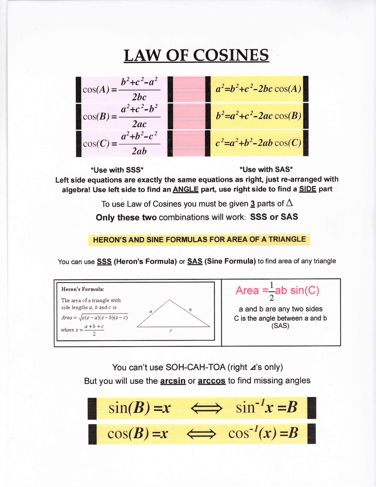 A Law of Cosines Cheat Sheet - Docsity