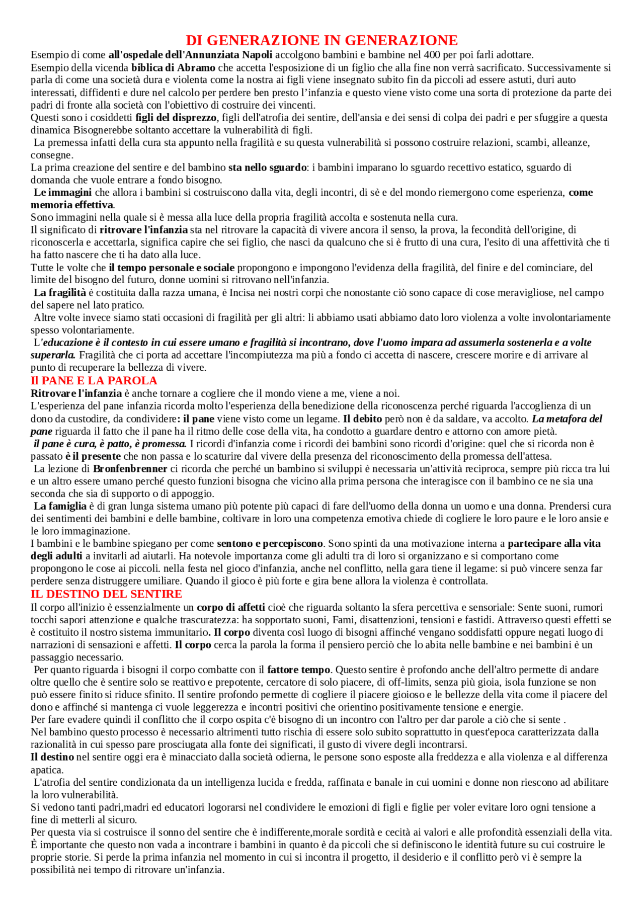 Riassunto Libro Di Generazione In Generazione Di I Lizzola Docsity