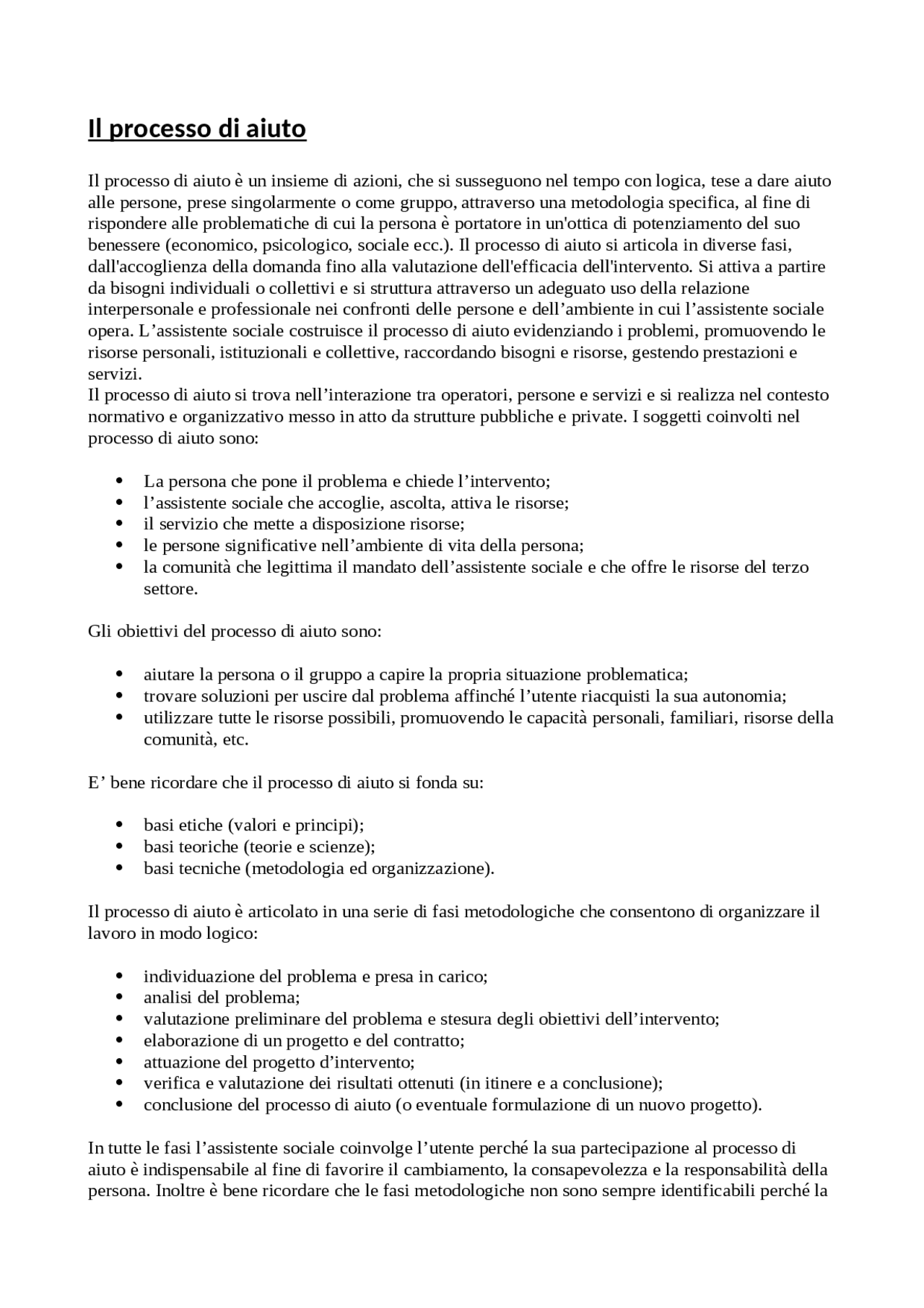 Il Processo Di Aiuto Sintesi Del Corso Di Metodi E Tecniche Del