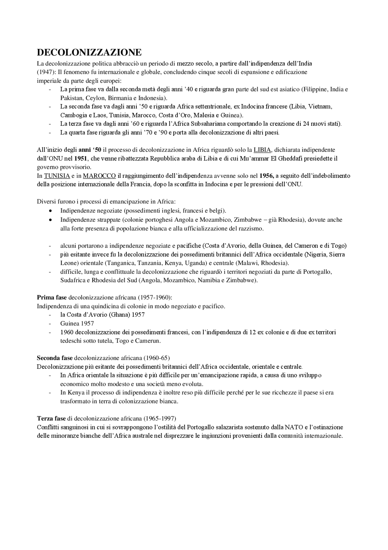 La Decolonizzazione Storia Docsity