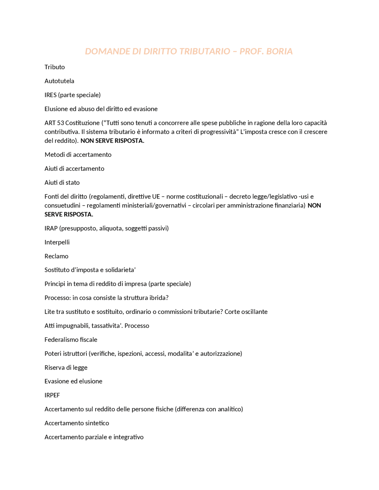 Diritto Tributario Domande d'esame - Docsity