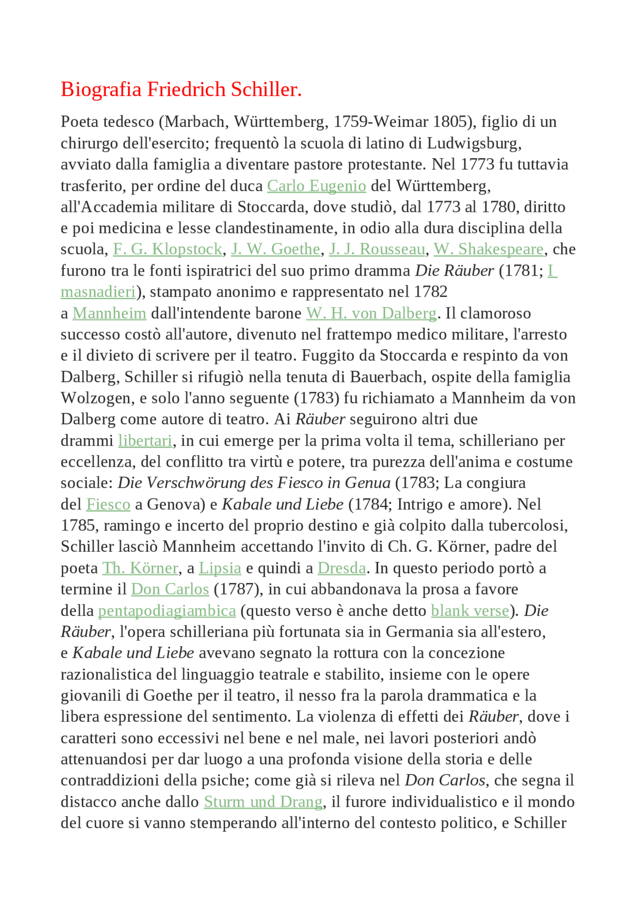 Biografia Friedrich Schiller. - Docsity