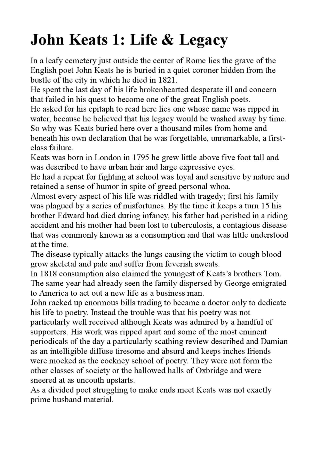 John Keats Life And Legacy Docsity
