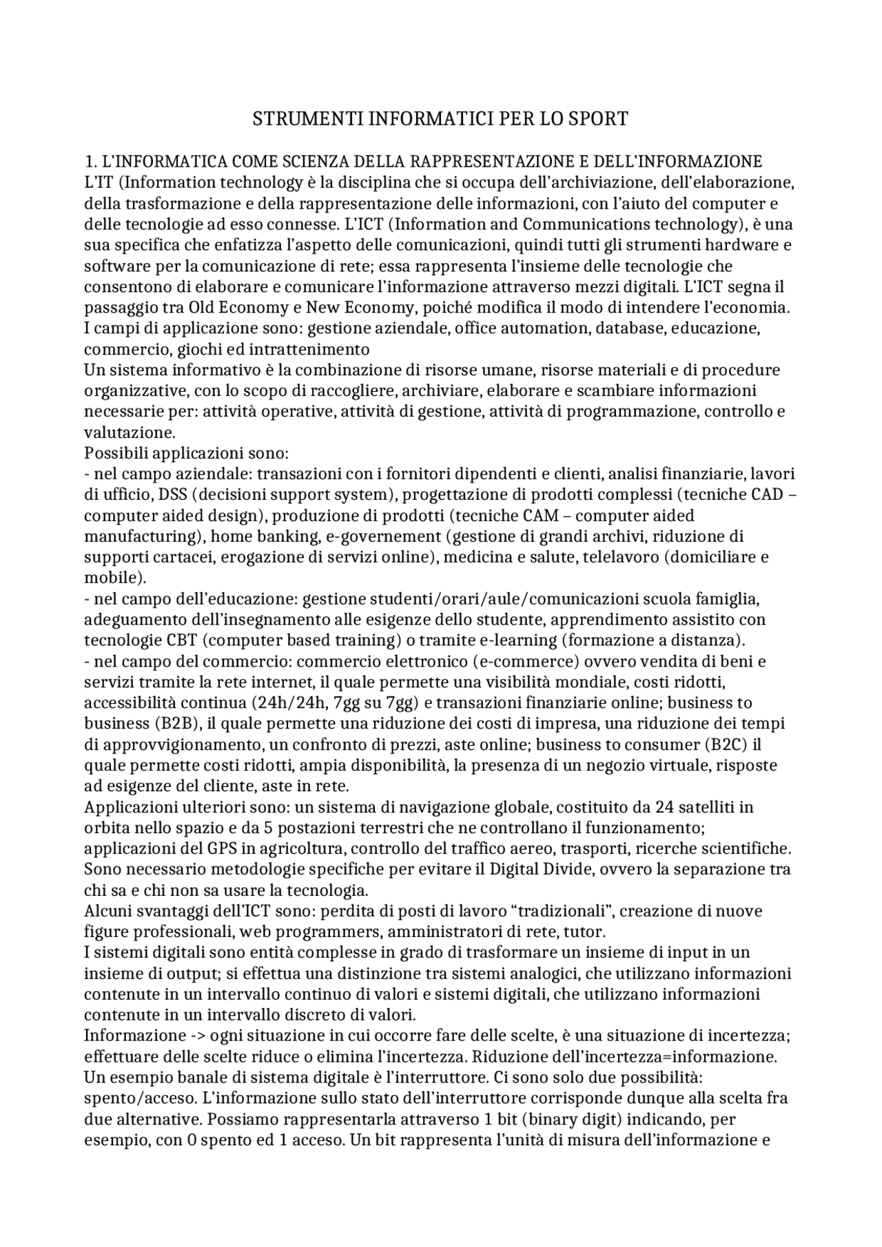 Appunti Strumenti Informatici Per Lo Sport Docsity