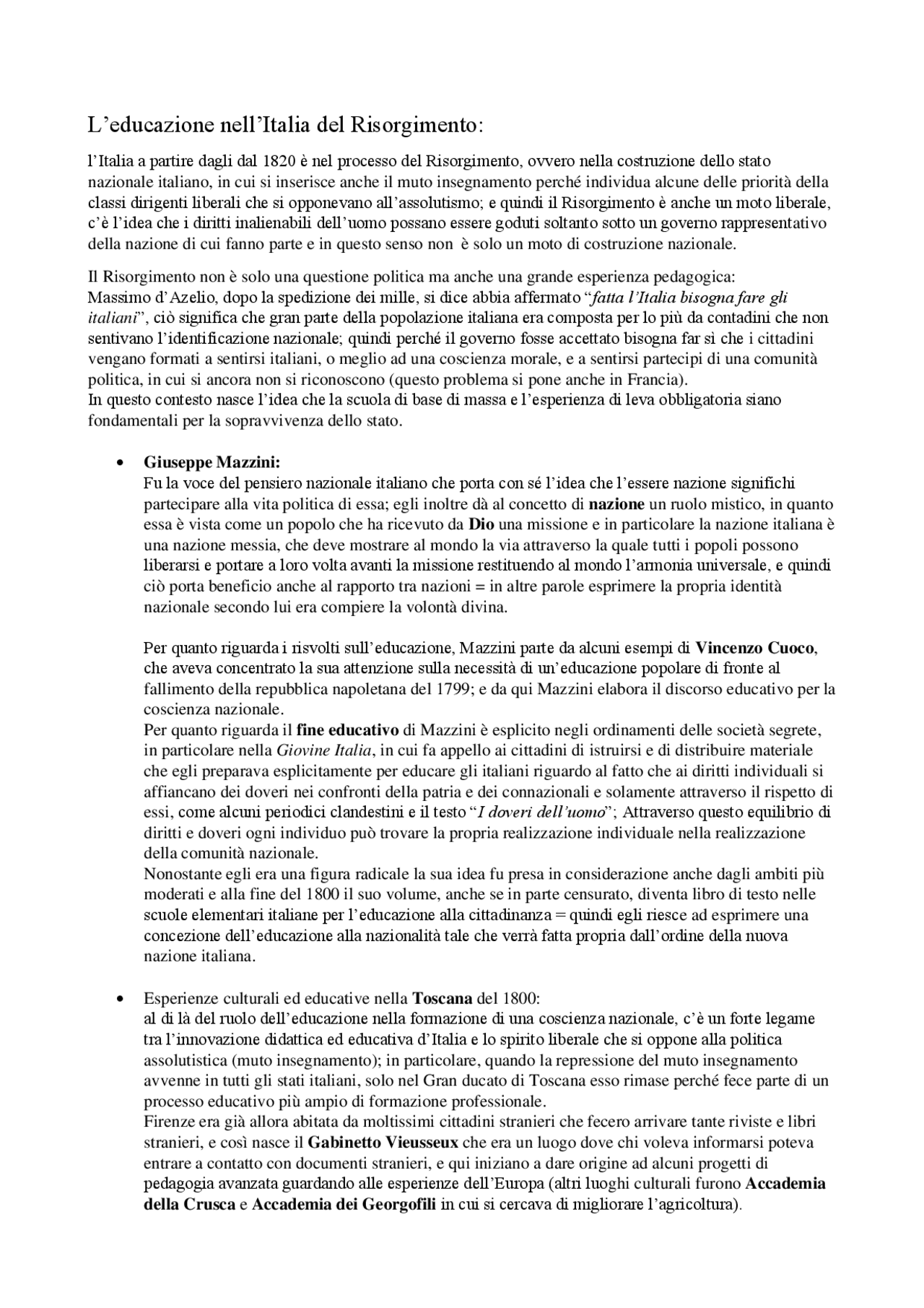 Educazione in italia risorgimento - Docsity