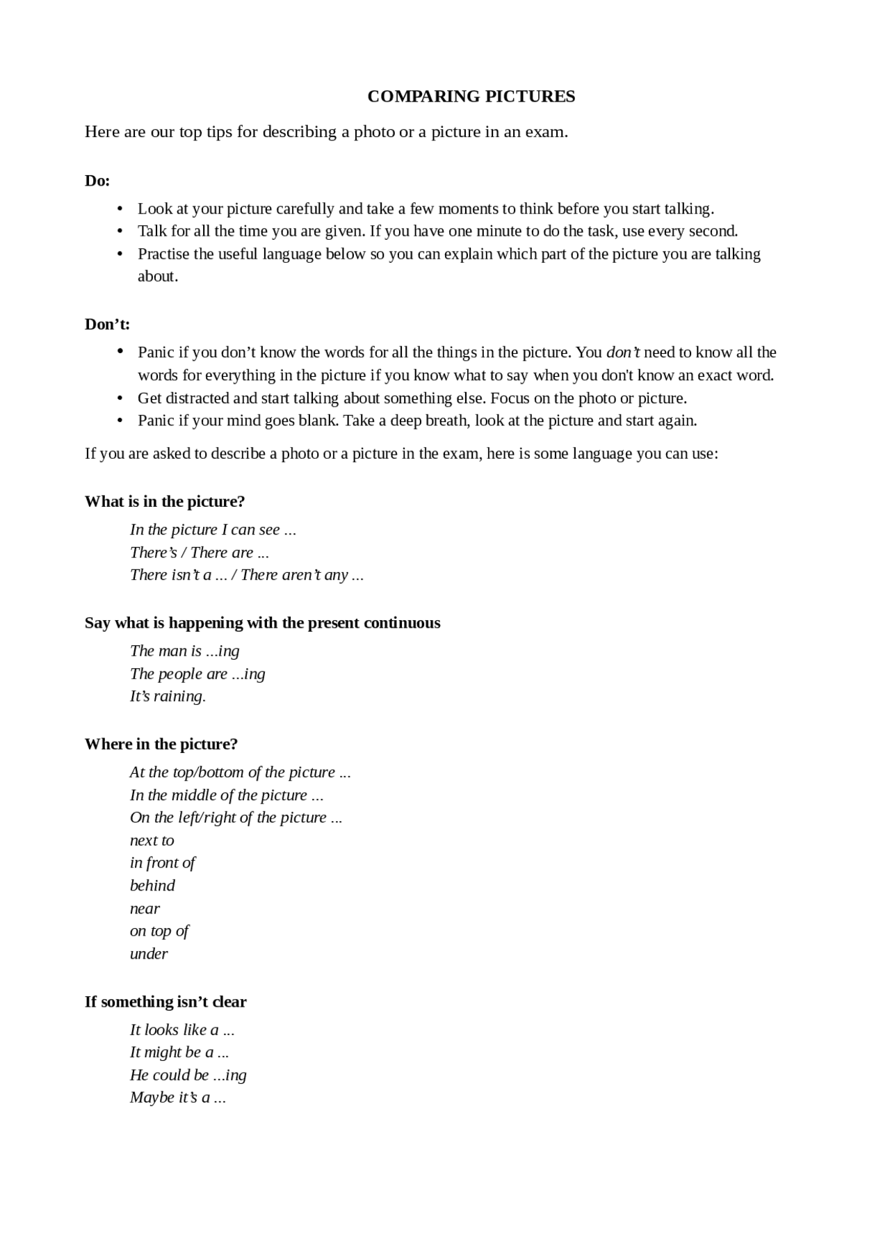Speaking test tips for Bachillerato - Docsity