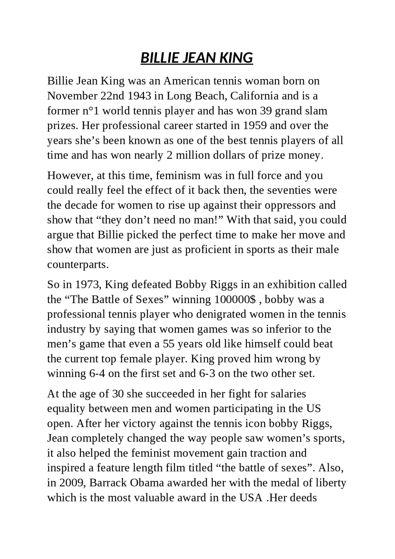 Tache finale anglais: Billie Jean King - Docsity