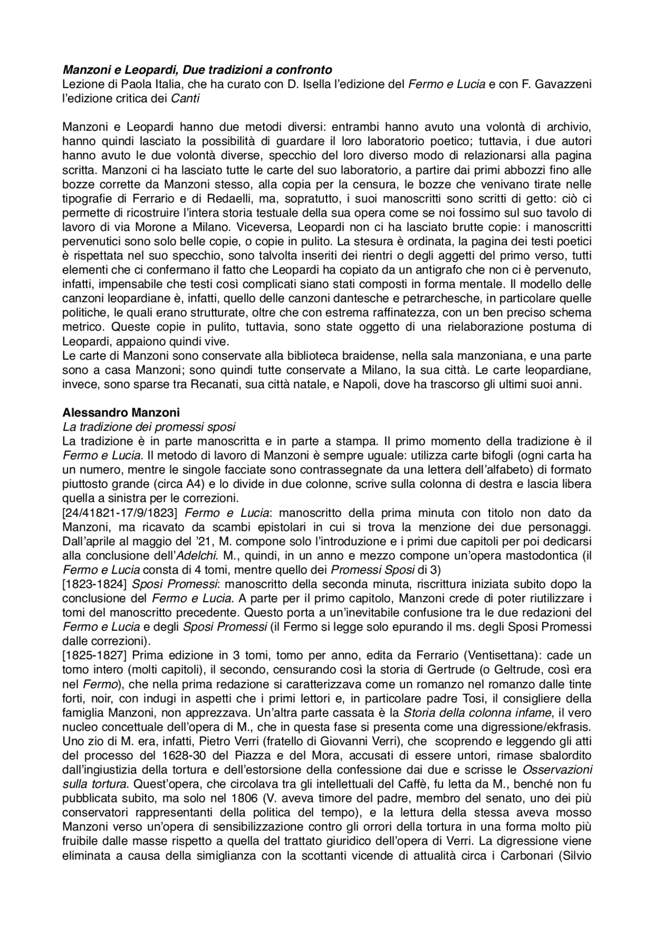 Leopardi e Manzoni, tradizioni a confronto - Docsity