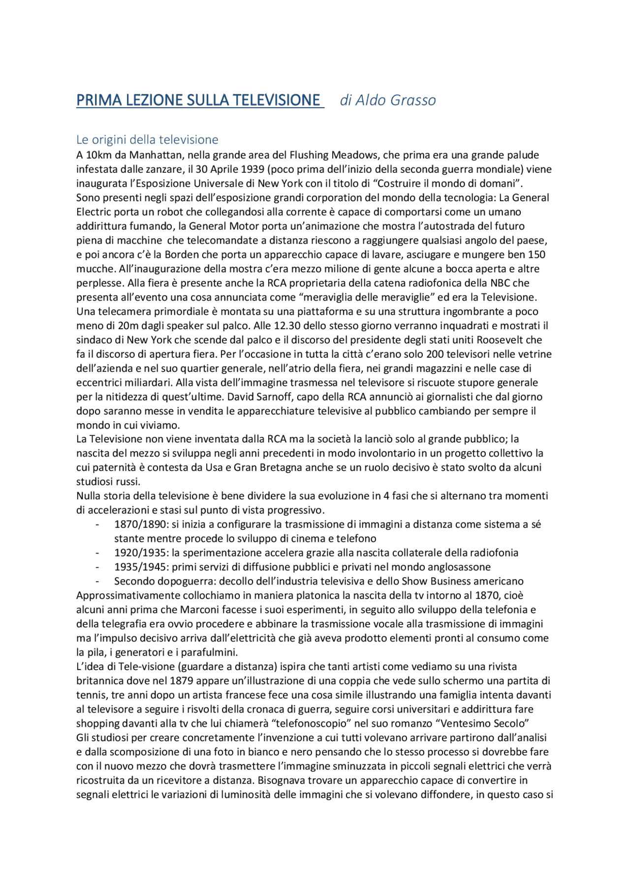 Prima Lezione Sulla Televisione Di Aldo Grasso Docsity