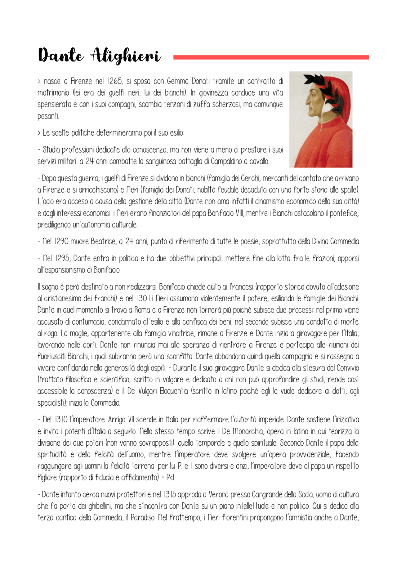 Schemi su Dante Alighieri - Docsity