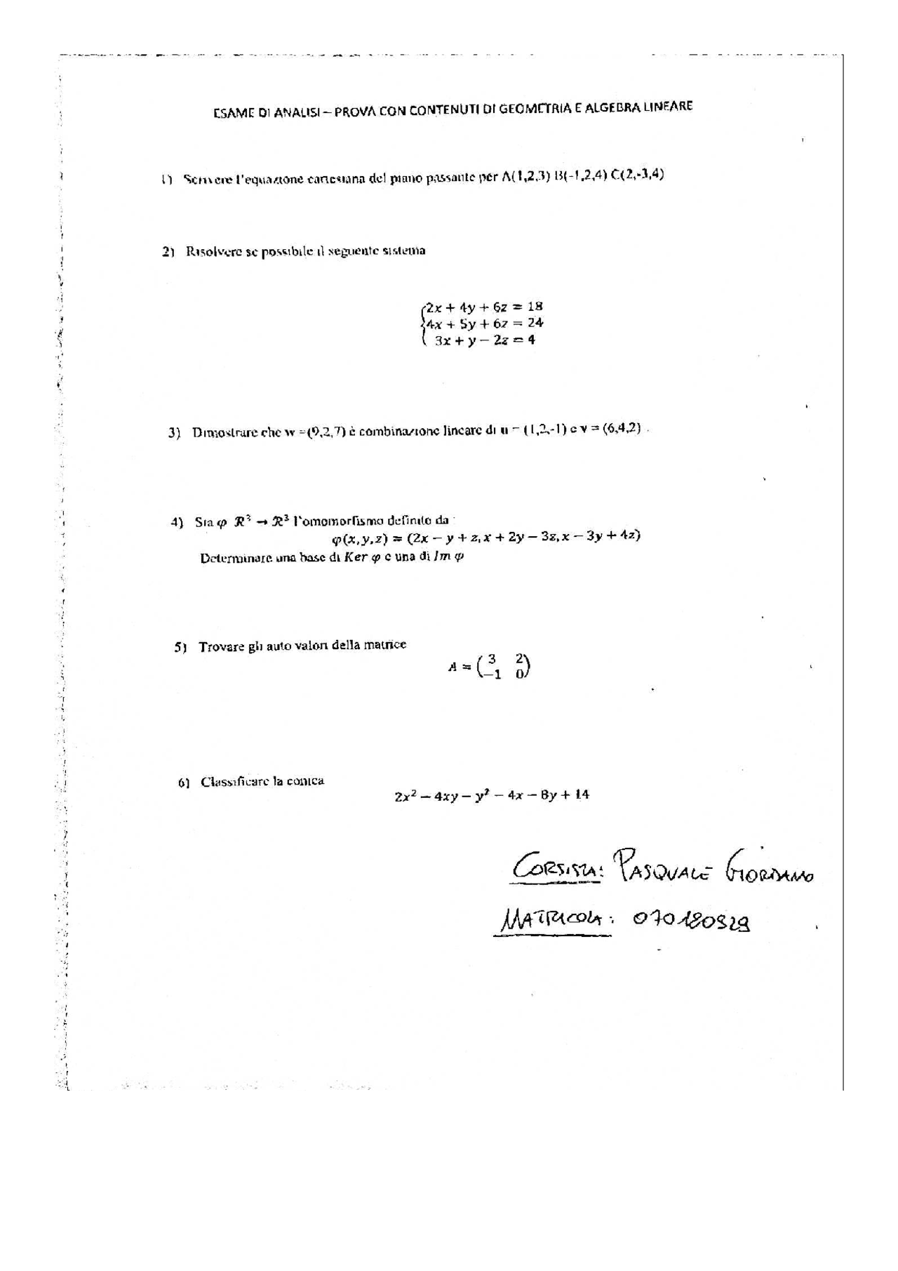 Elaborato 2 Geometria Analitica Docsity