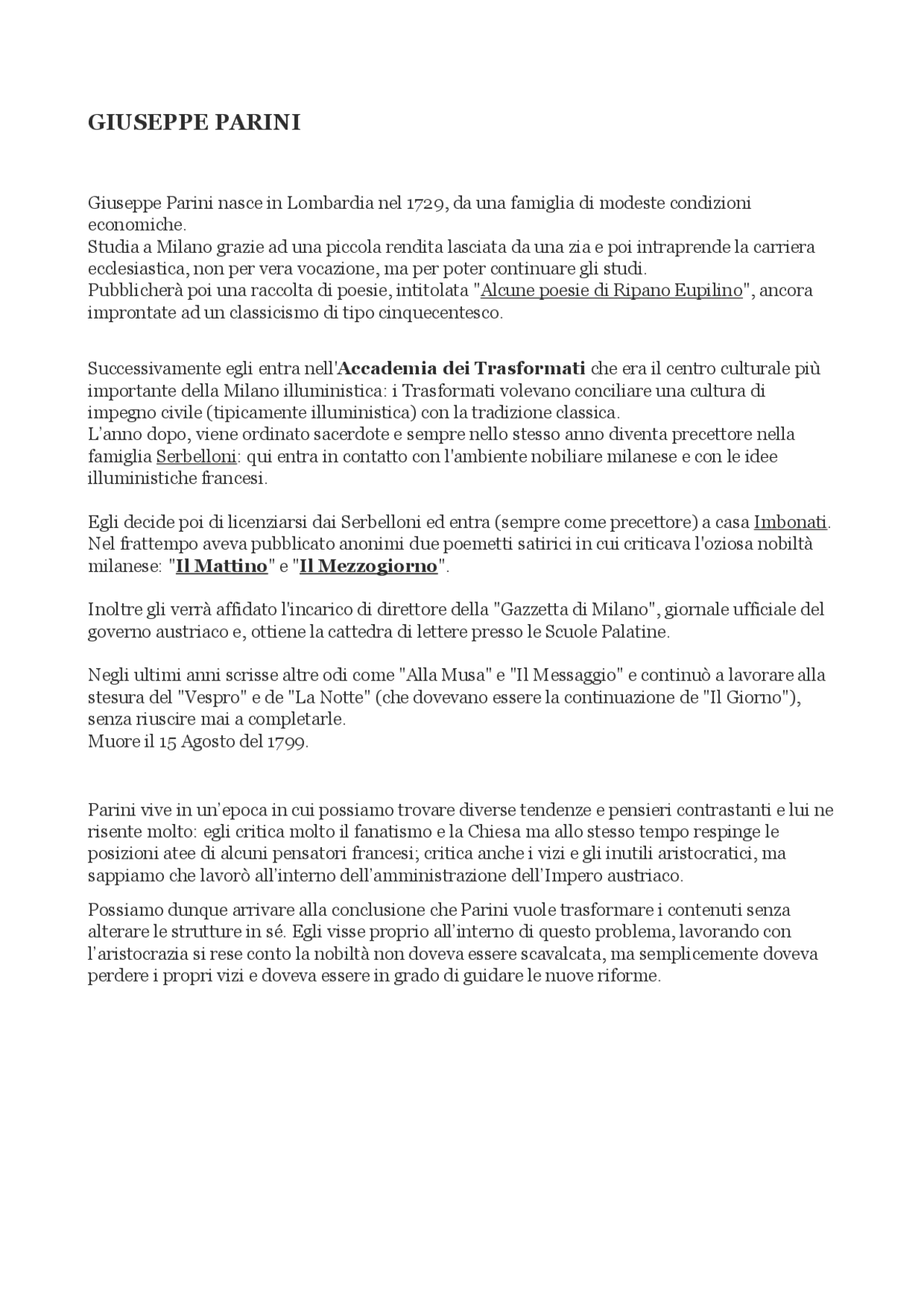 Vita Di Giuseppe Parini Docsity