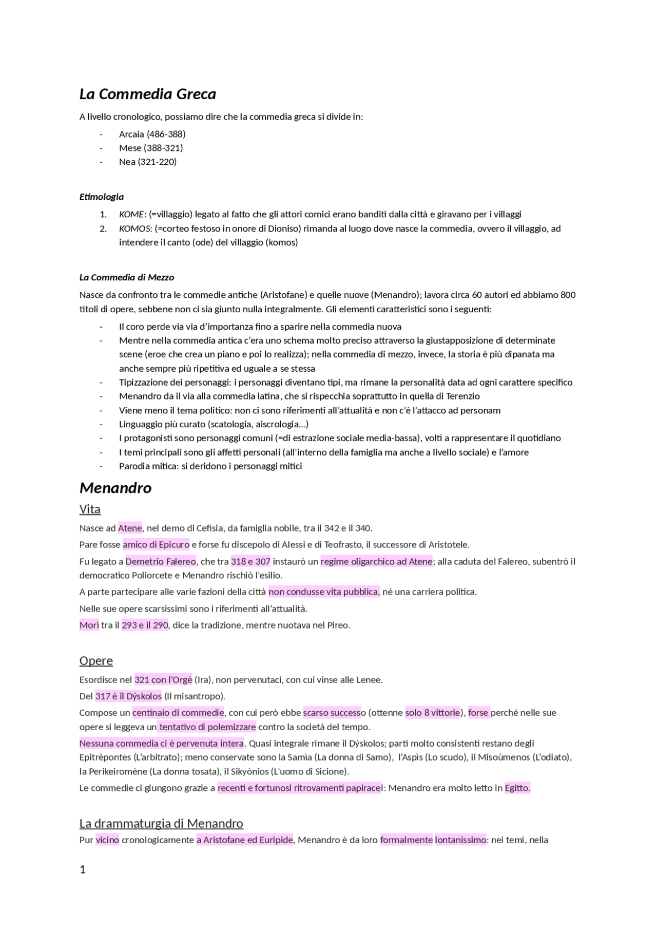 Introduzione alla commedia greca attraverso lo sguardo di Menandro - Docsity