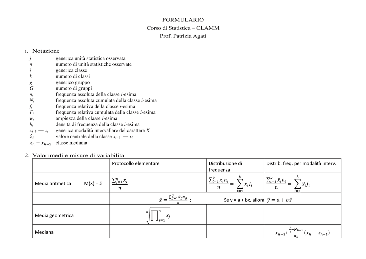 Formulario Esame Statistica E Matematica Finanziaria Docsity