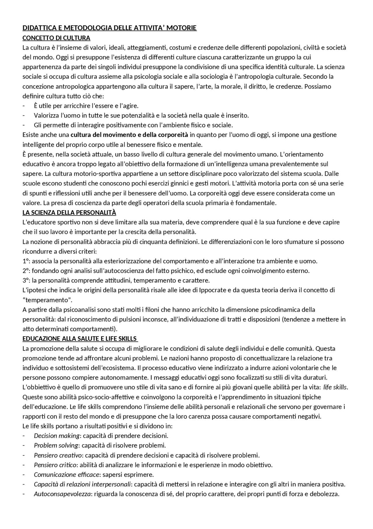 Didattica Delle Attività Motorie Per Letà Evolutiva Docsity