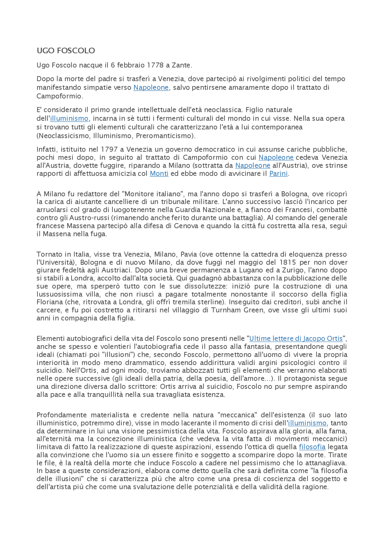 Vita Di Ugo Foscolo Importante Docsity