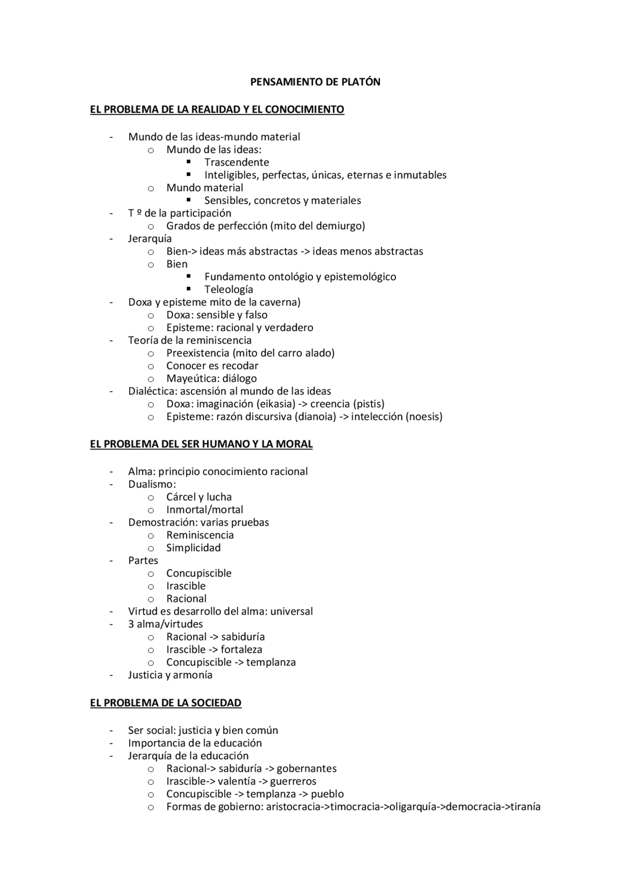 ESQUEMA PENSAMIENTO PLATÓN - Docsity